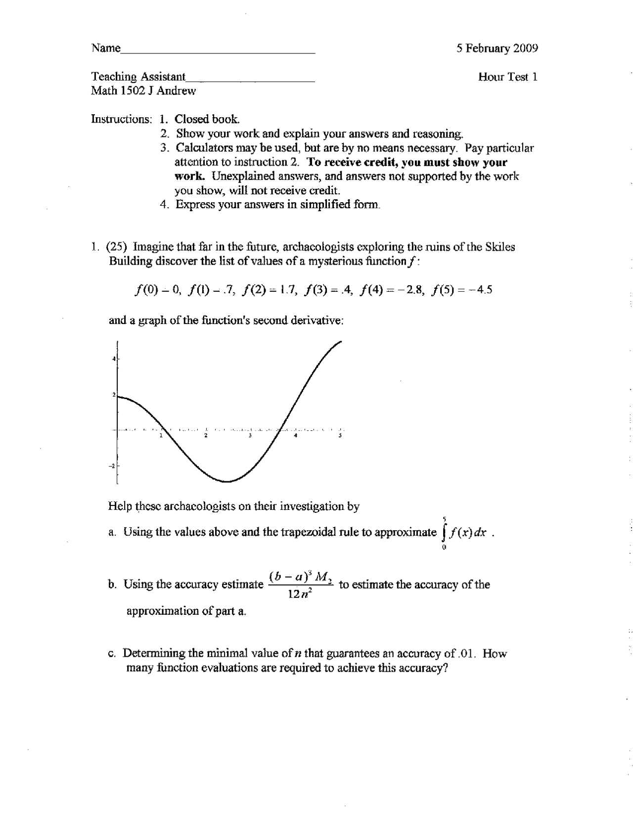 4 Solved Questions Exam 1 - Calculus II | MATH 1502 | Exams Calculus | Docsity