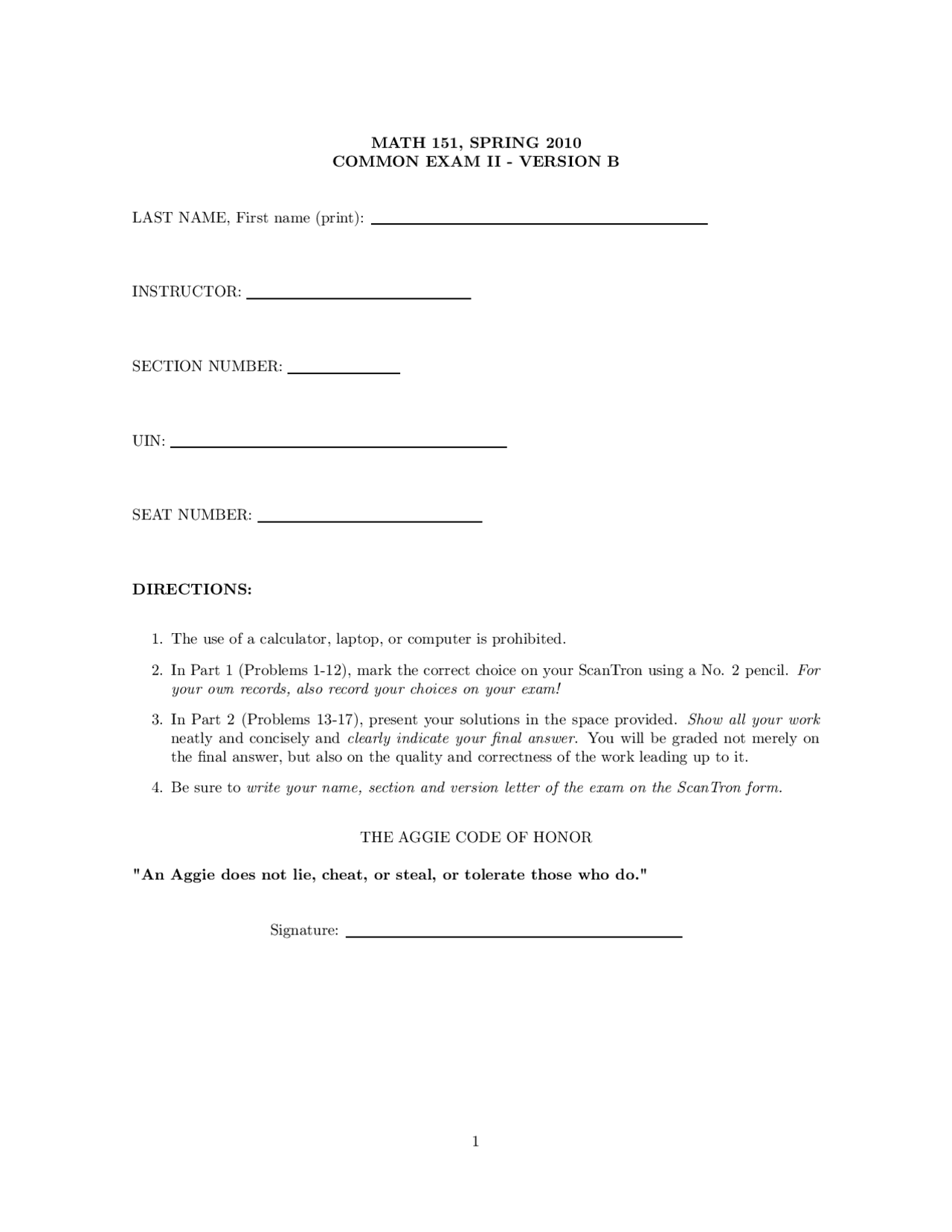 Honors Engineering Mathematics Ii Exam 2 Questions Math 151 Docsity