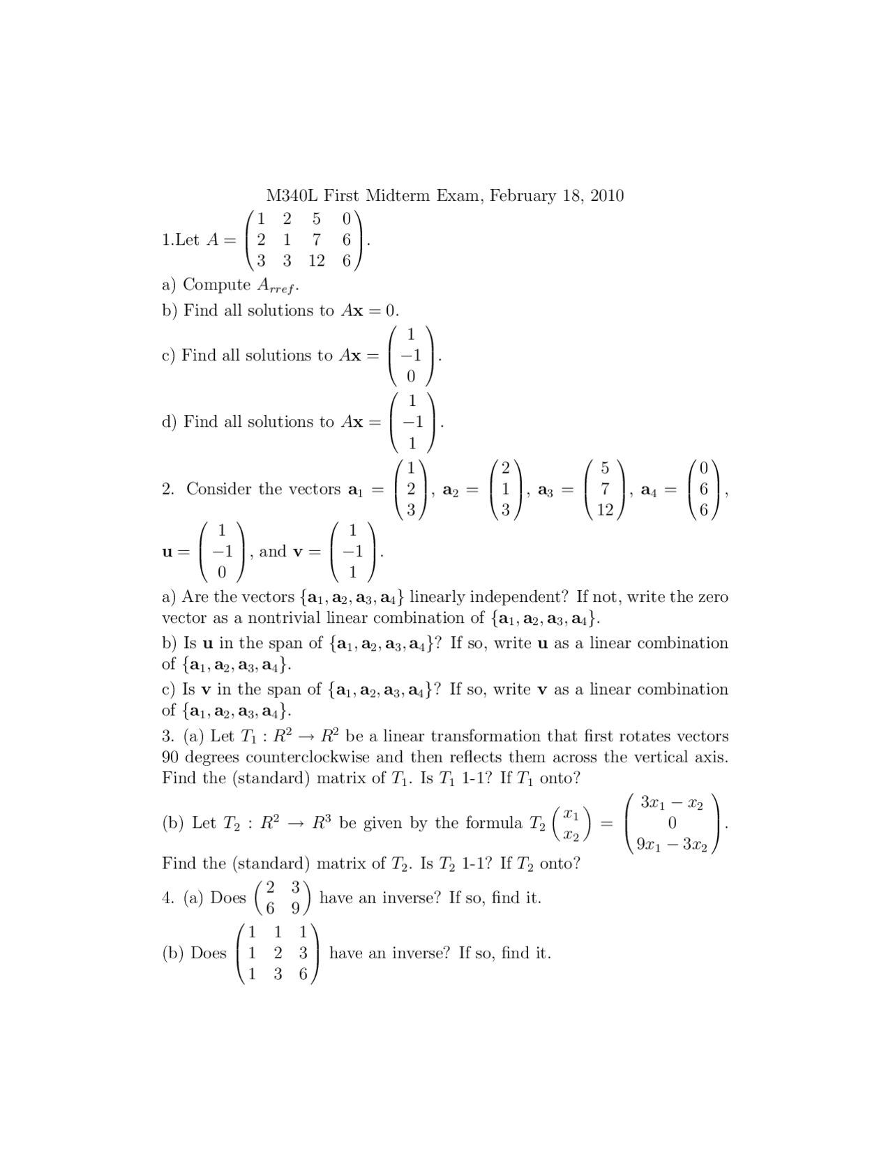 First Midterm Exam Questions Matrices Or Matrix Calculation M 340l