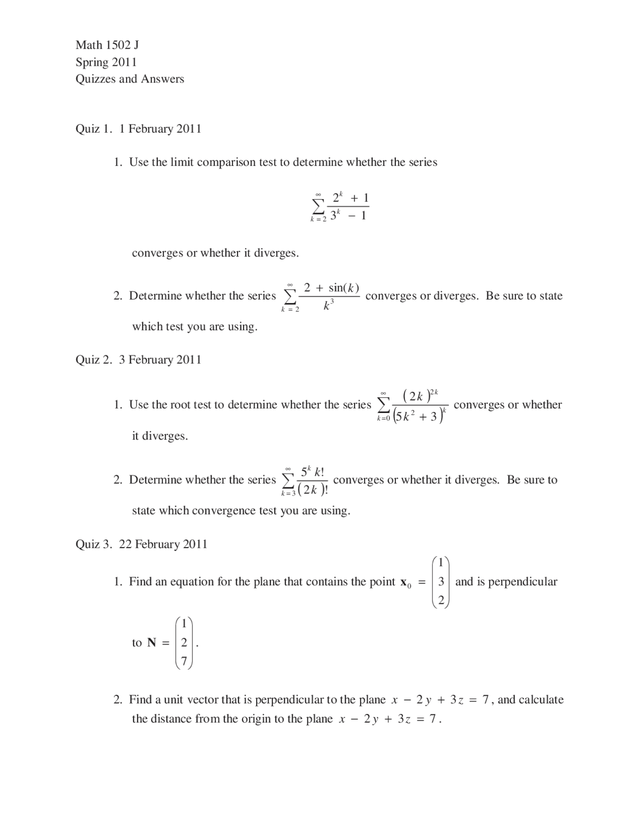 Quizzes And Answers Calculus Ii Math 1502 Docsity