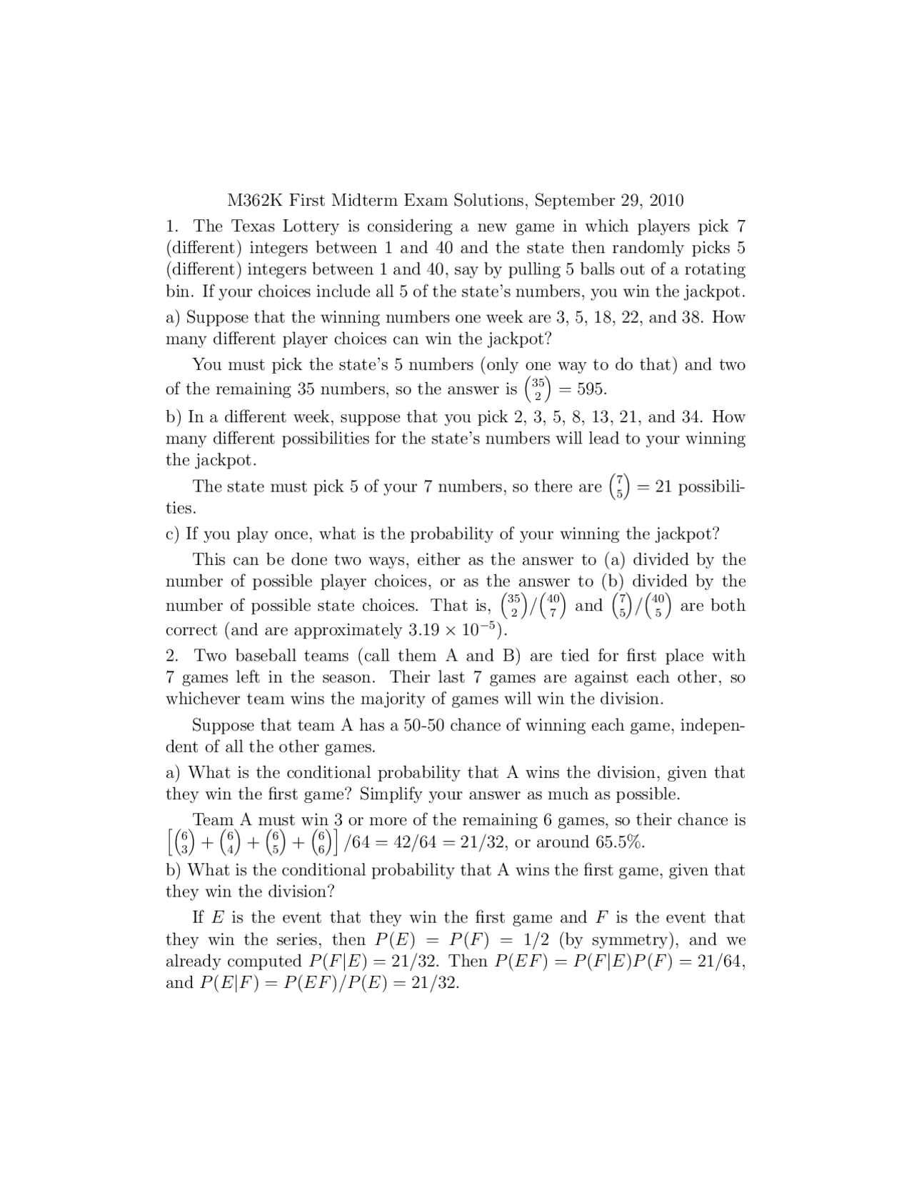 First Midterm Exam with Solution - Probability I | M 362K - Docsity