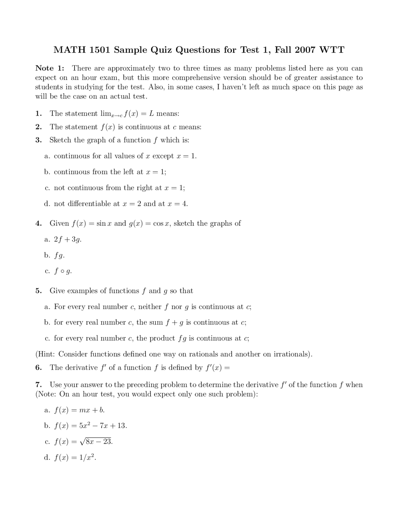 22 Questions In Calculus I Exam 1 Math 1501 Docsity