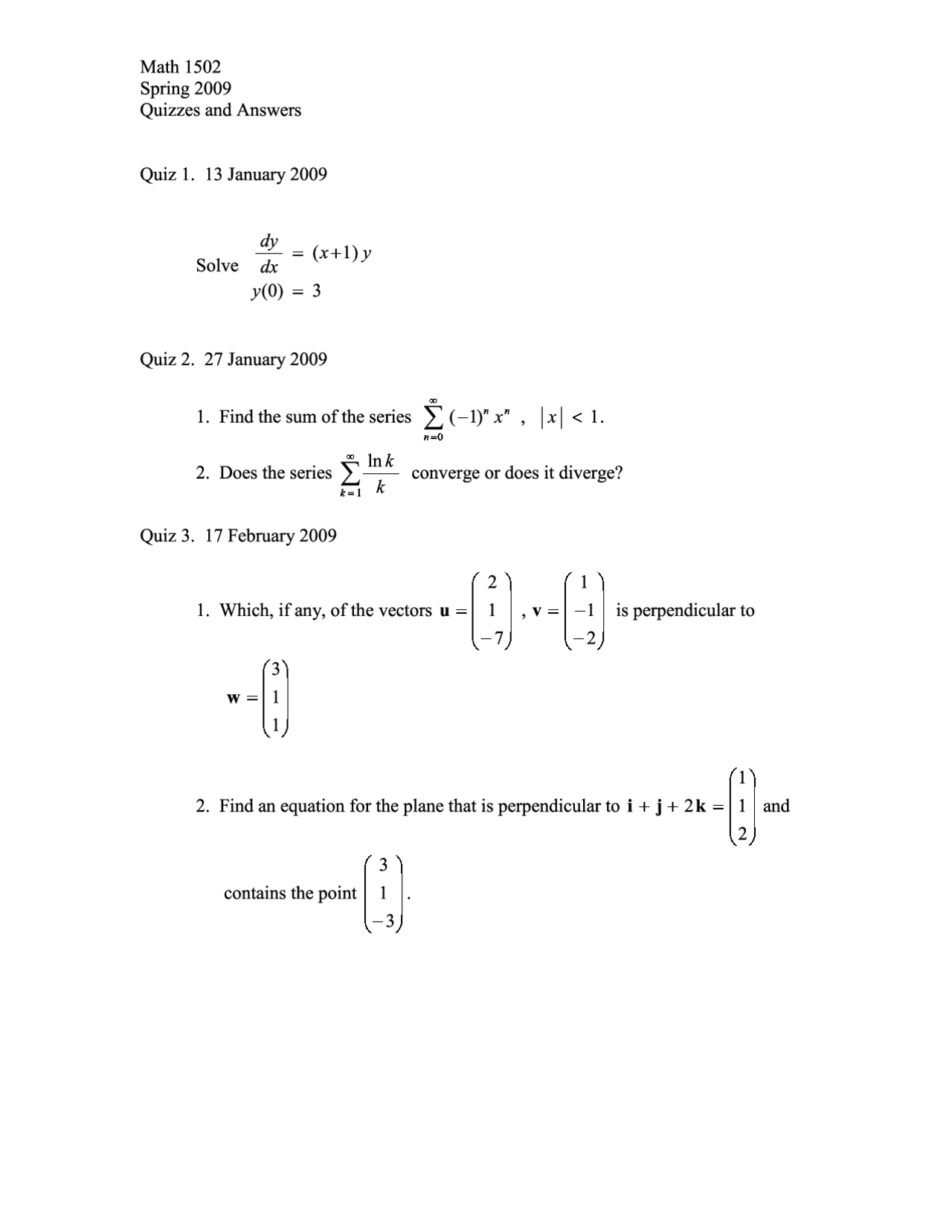 8 Quiz With Answers On Calculus Ii Quiz 1 Math 1502 Docsity