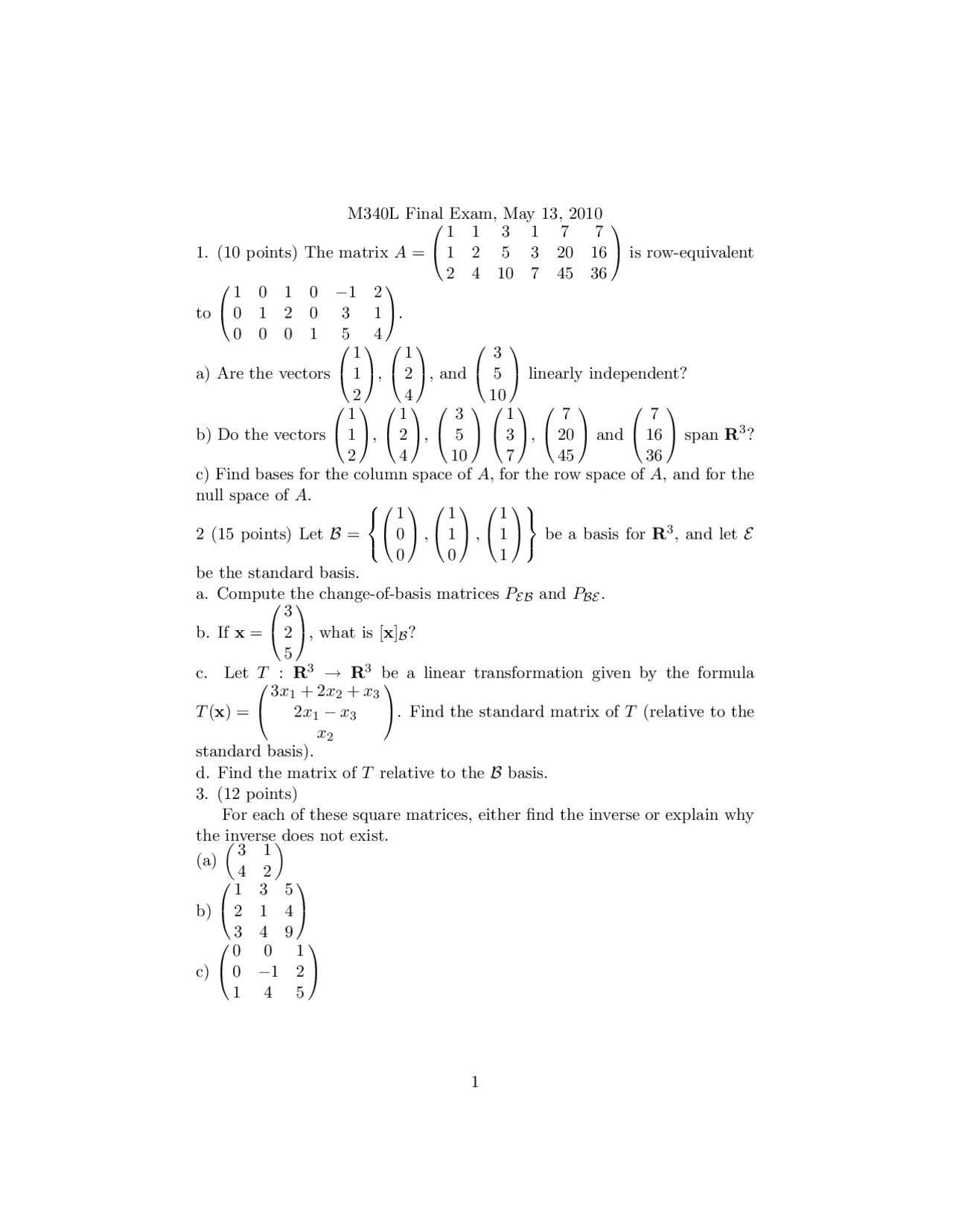 Final Exam Questions Matrices And Matrix Calculations M 340l Docsity