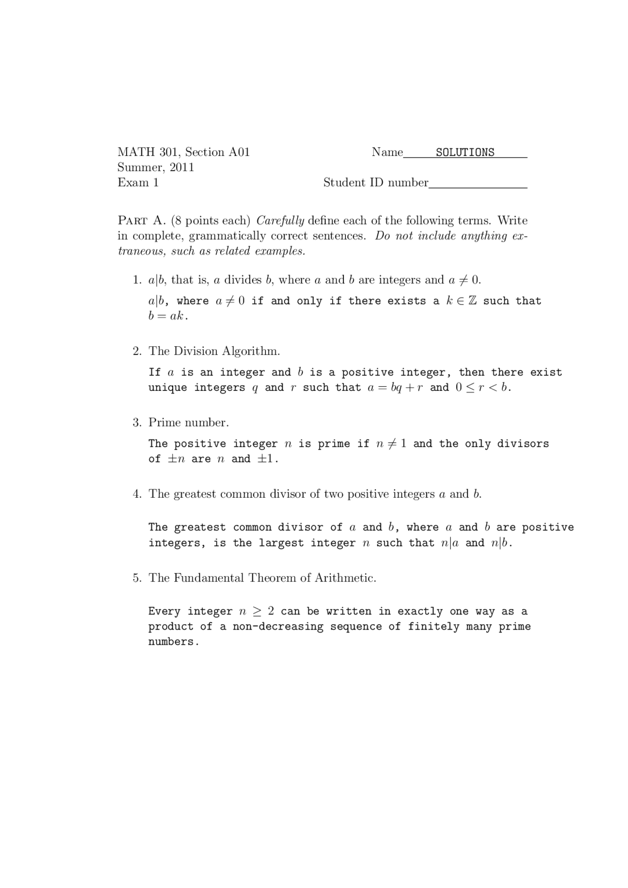 Solutions For Exam 1 Number Theory Summer 2011 Math 301 Docsity