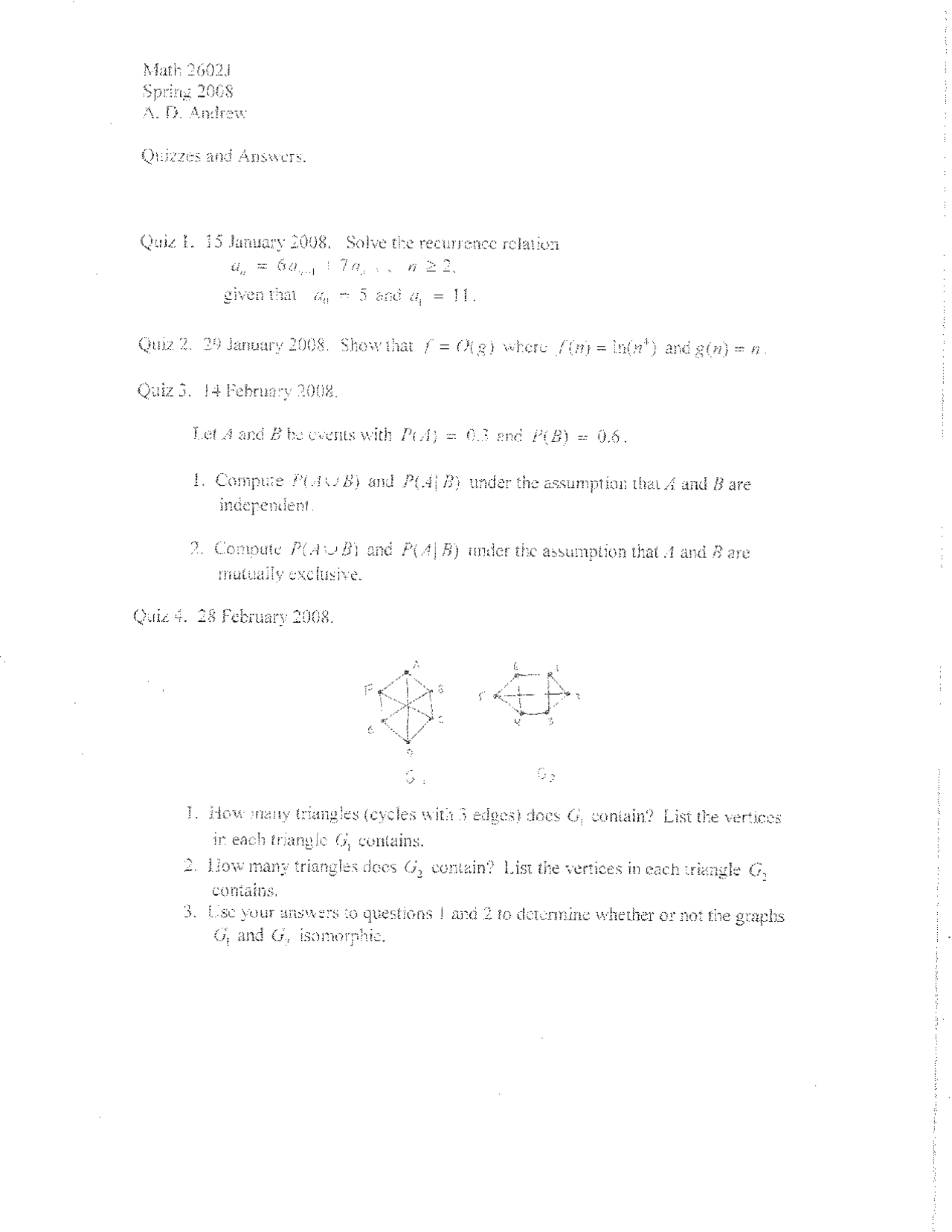 Quizzes With Answers Linear And Discrete Mathematics Math 2602