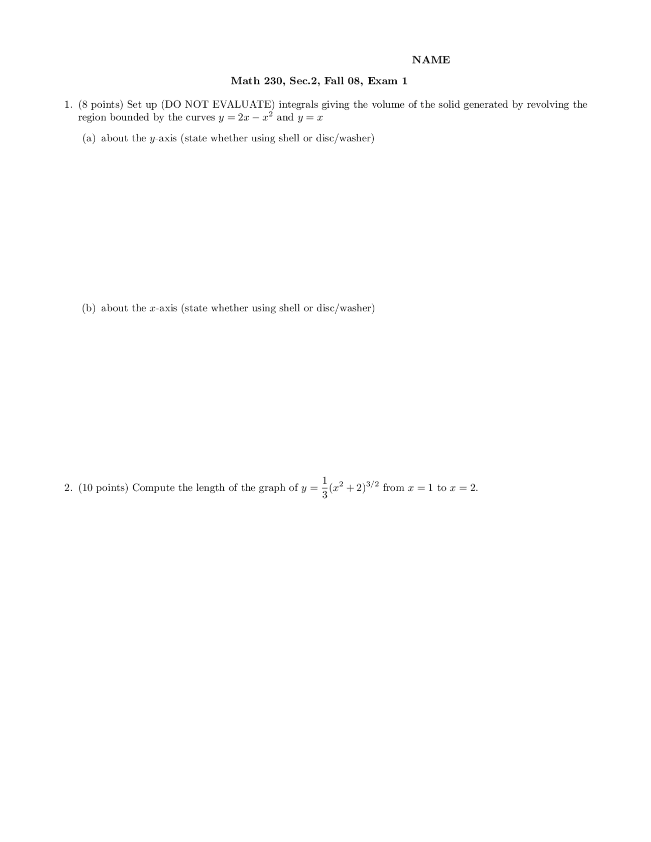 Practice Examination 1 On Calculus Ii Fall 2008 Math 230 Docsity