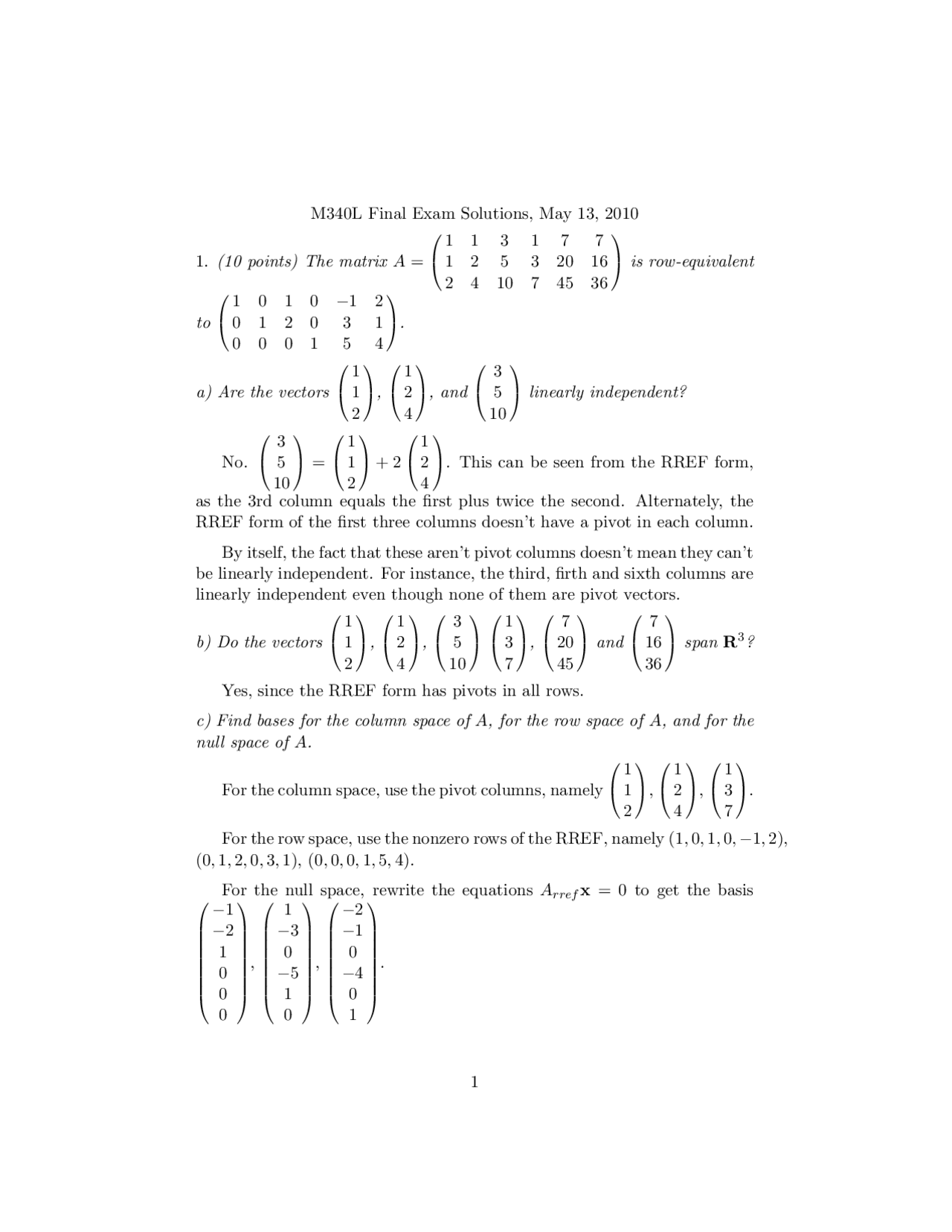 Matrices And Matrix Calculations Final Exam Solutions M 340l Docsity