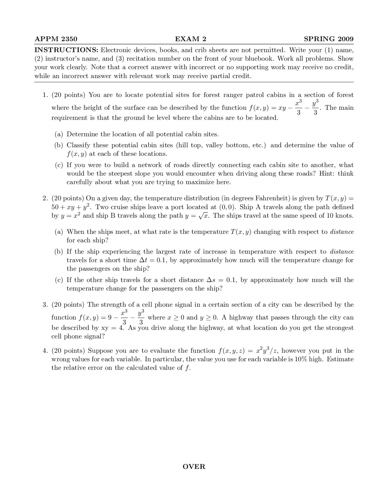 Exam 2 Solution Calculus Iii For Engineers Spring 2009 Appm 2350