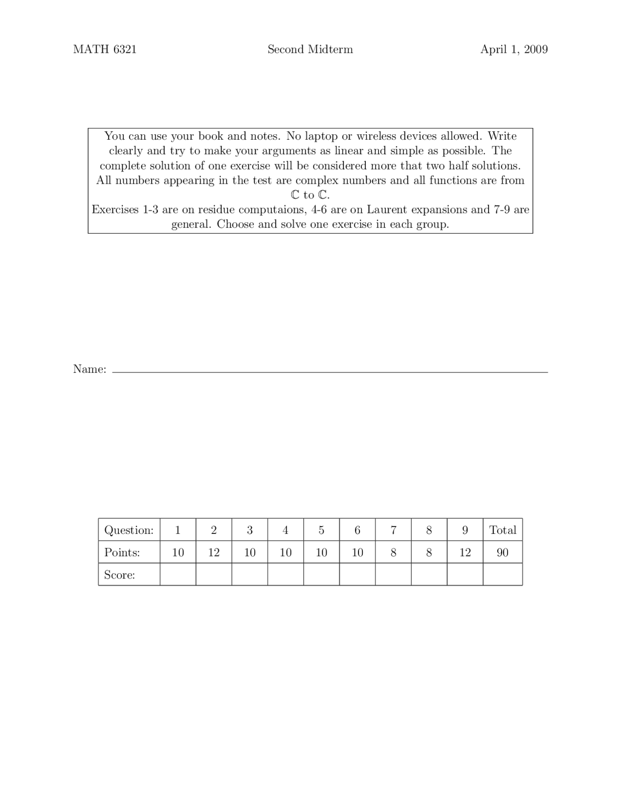 Solutions For Midterm 2 Complex Analysis Math 6321 Docsity