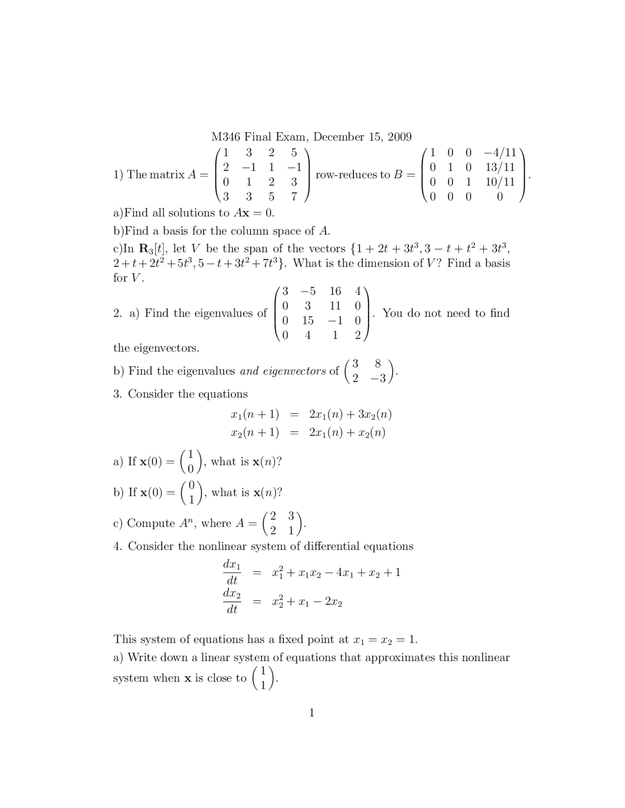 Final Exam For Applied Linear Algebra M 346 Docsity