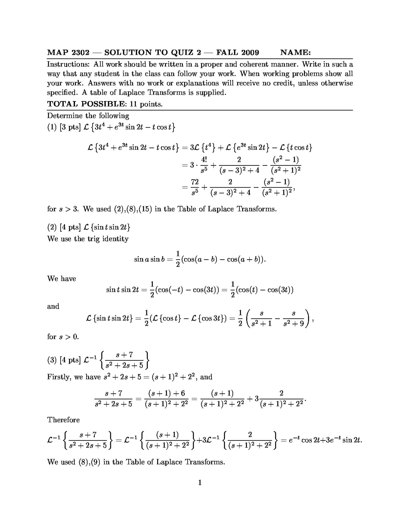 Solutions To Quiz 2 Elementary Differential Equations Map 2302