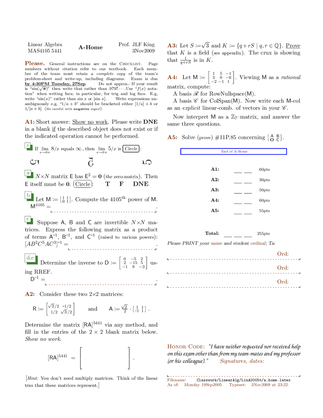 5 Solved Problems On Matrices Midterm Exam Mas 4105 Docsity