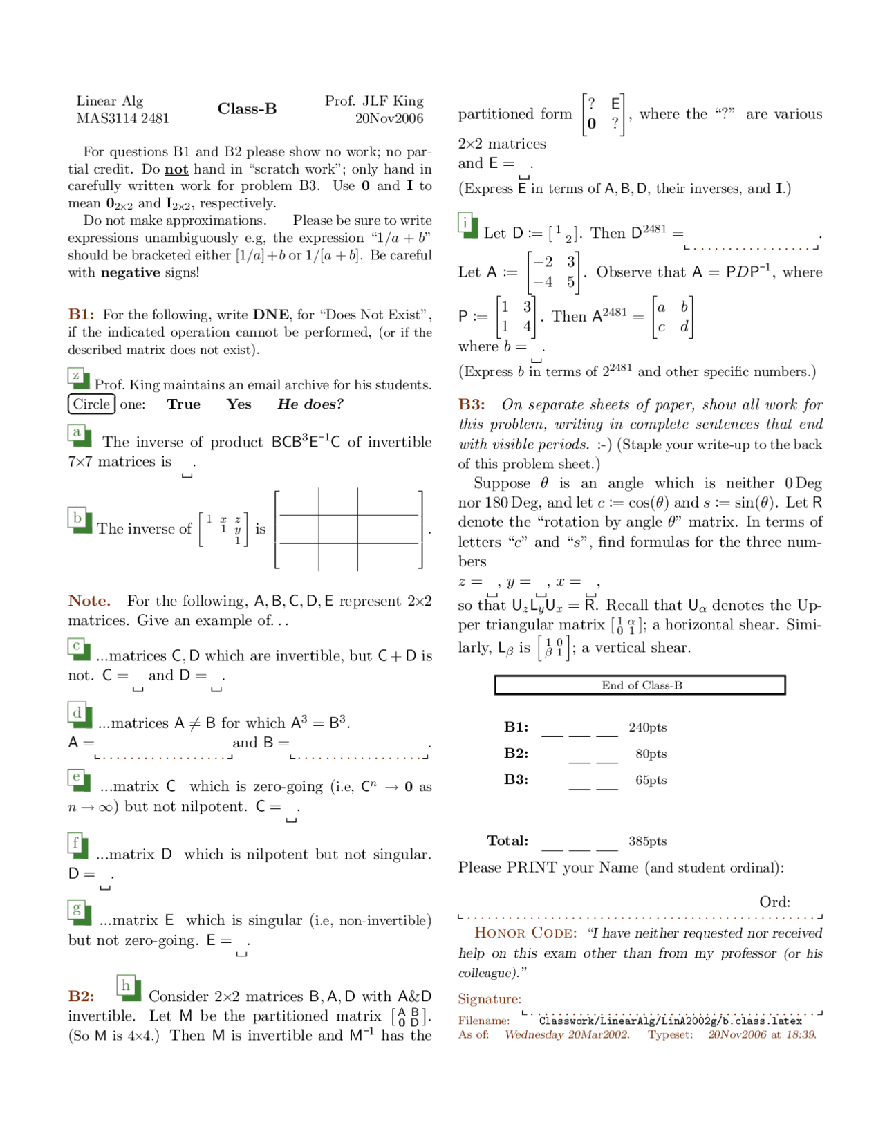 Questions On Linear Algebra Midterm Exam Mas 3114 Docsity