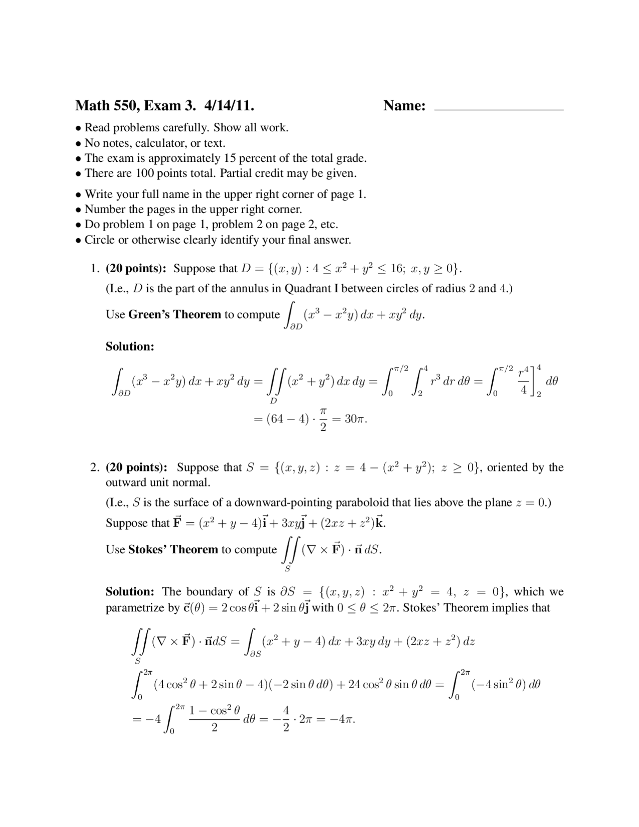 Exam 3 With Solutions Vector Analysis Math 550 Docsity
