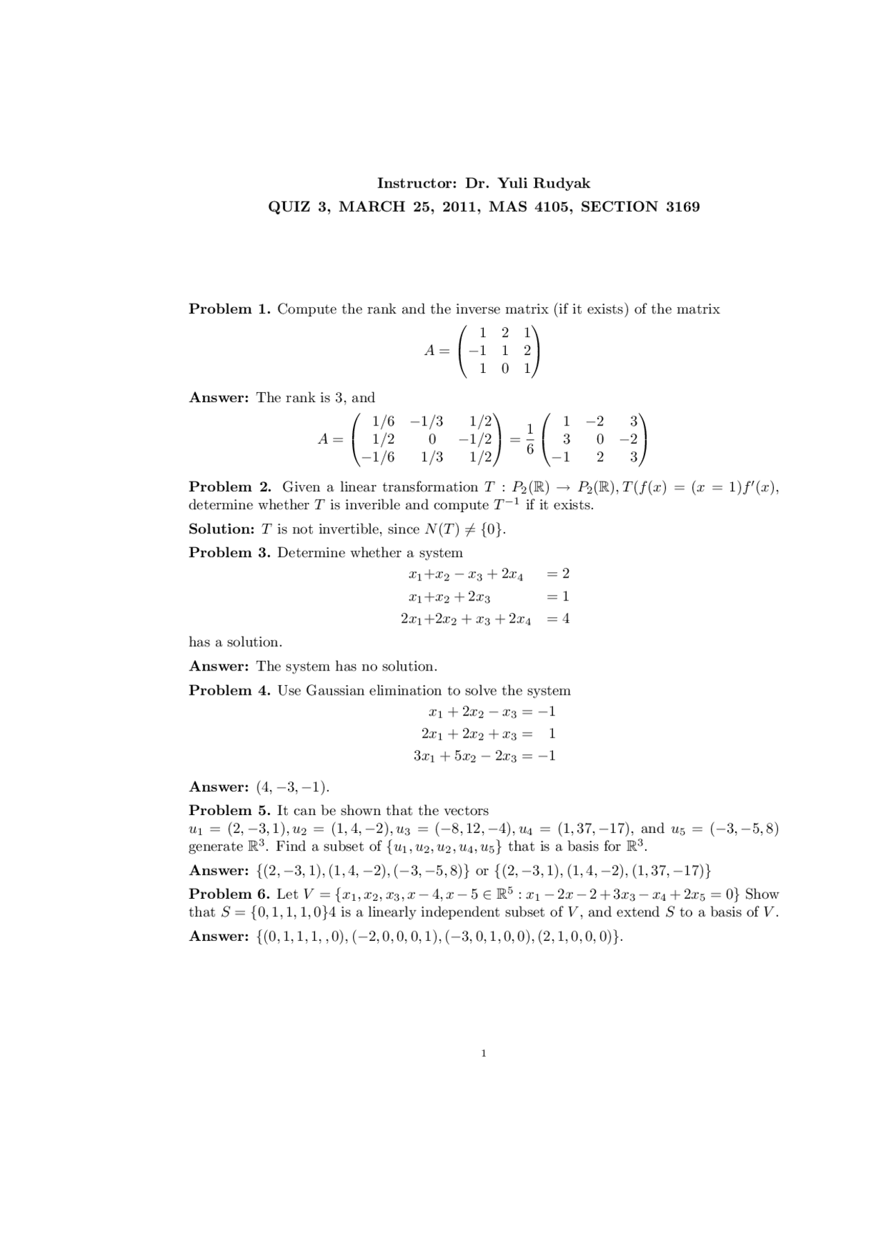 Solved Quiz 3 For Linear Algebra I Mas 4105 Docsity
