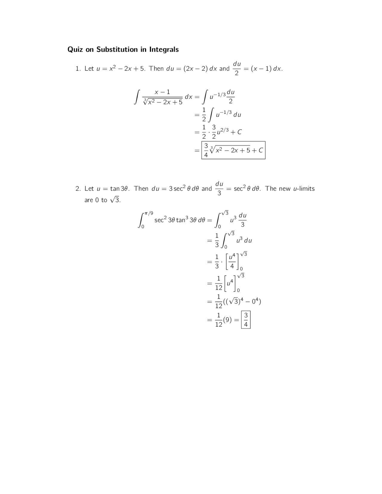 Solved Questions for Quiz 7 - Substitution in Integrals | APPM 1345 - Docsity
