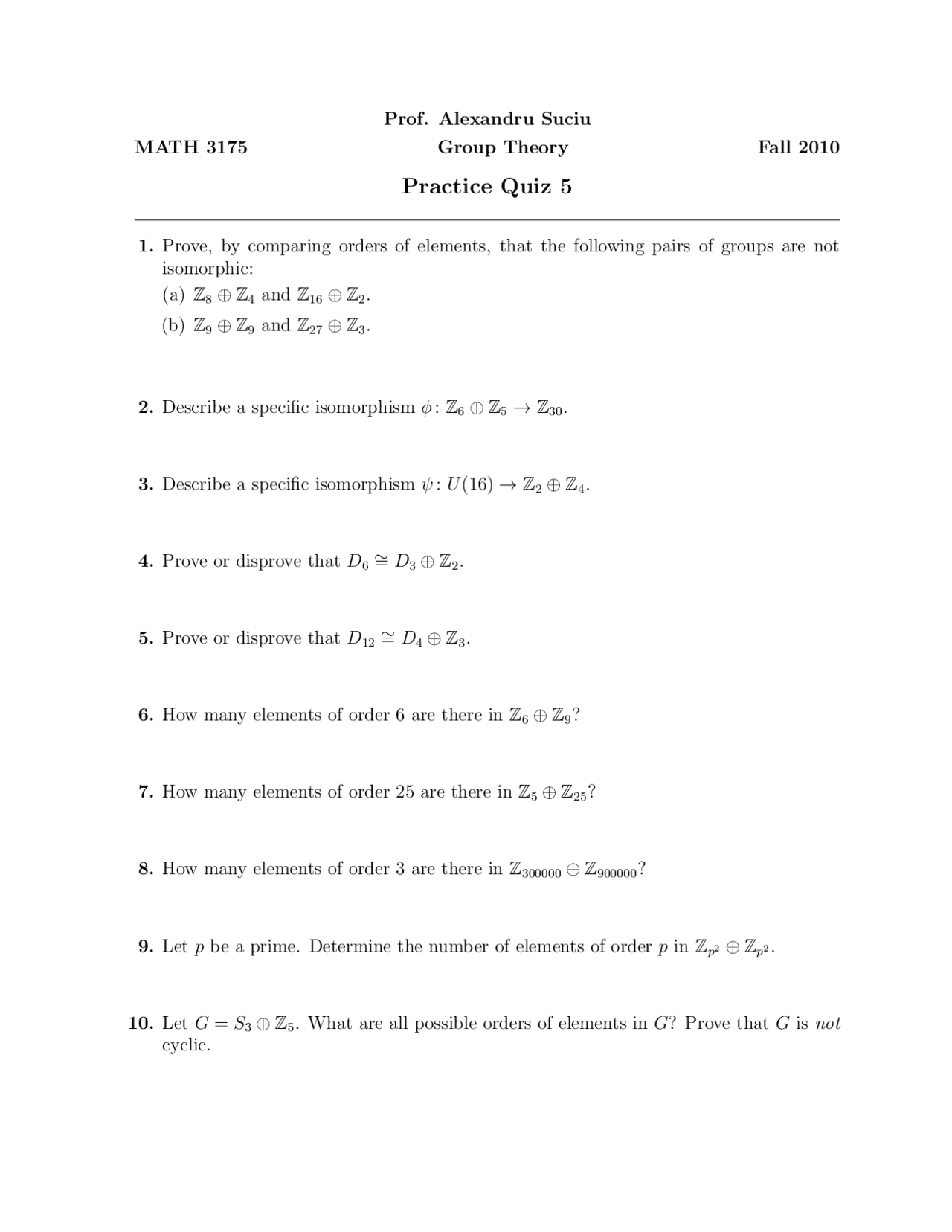 Practice Quiz 5 With Answers Group Theory Math 3175 Docsity
