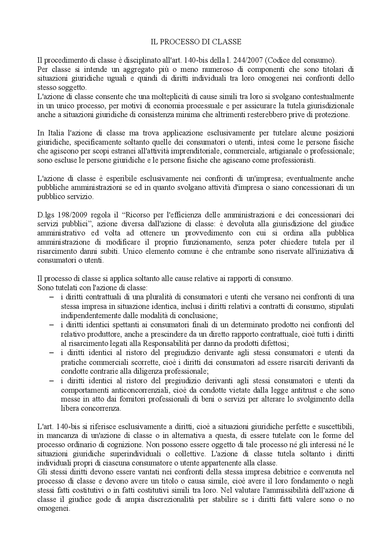 Riassunto Del Processo Di Classe Docsity