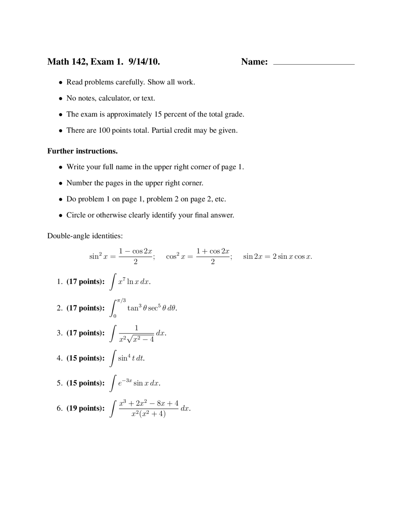 Exam 1 Practice Problems Calculus Ii Math 142 Docsity