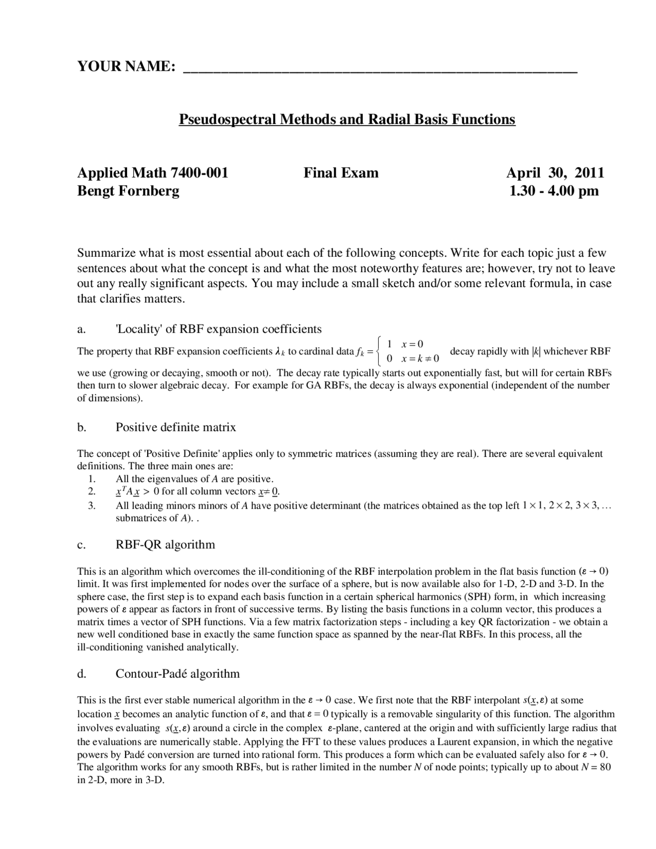 Pseudospectral Methods And Radial Basis Functions Final Exam Appm