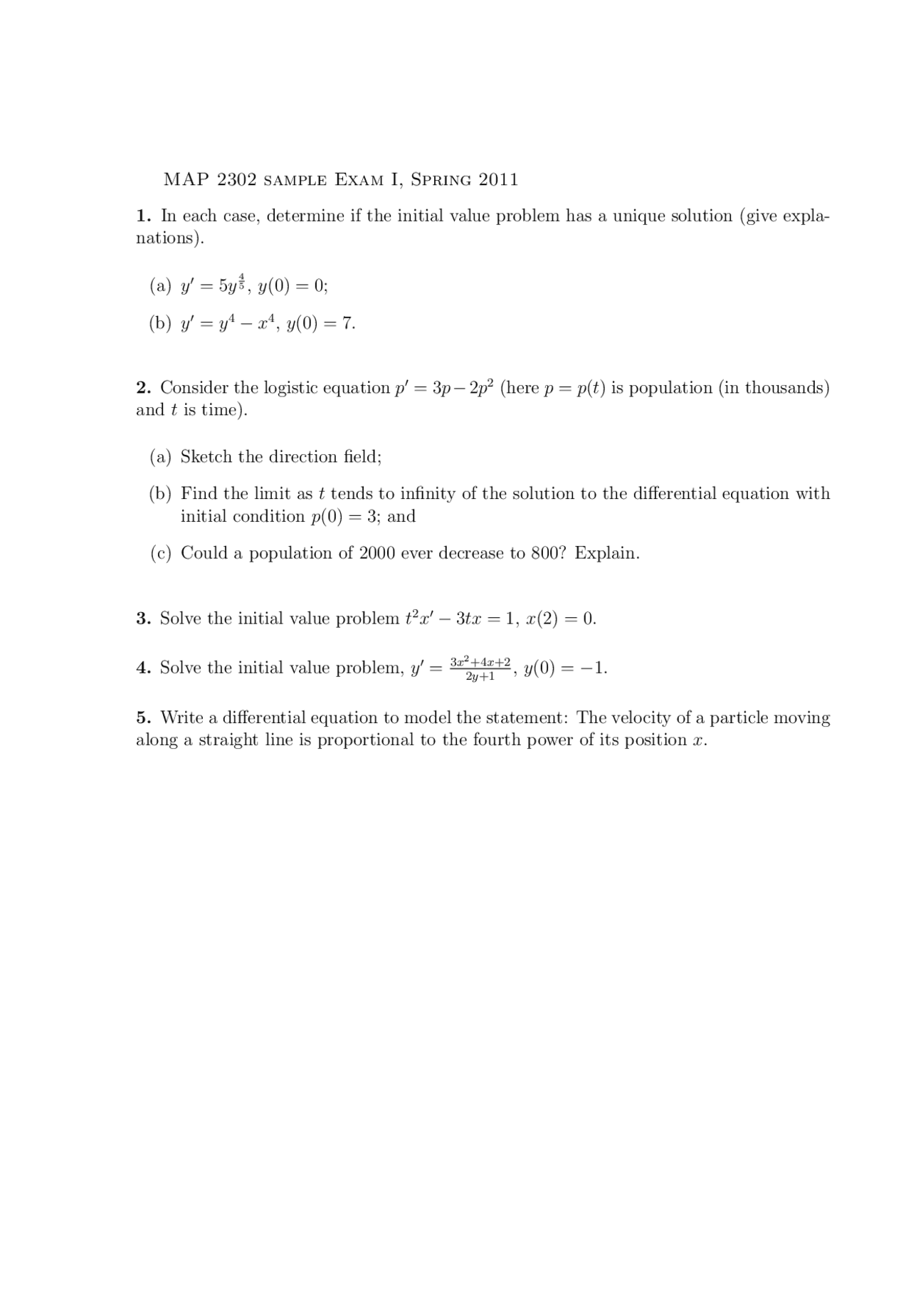 Sample Exam 1 for Elementary Differential Equations | MAP 2302 - Docsity