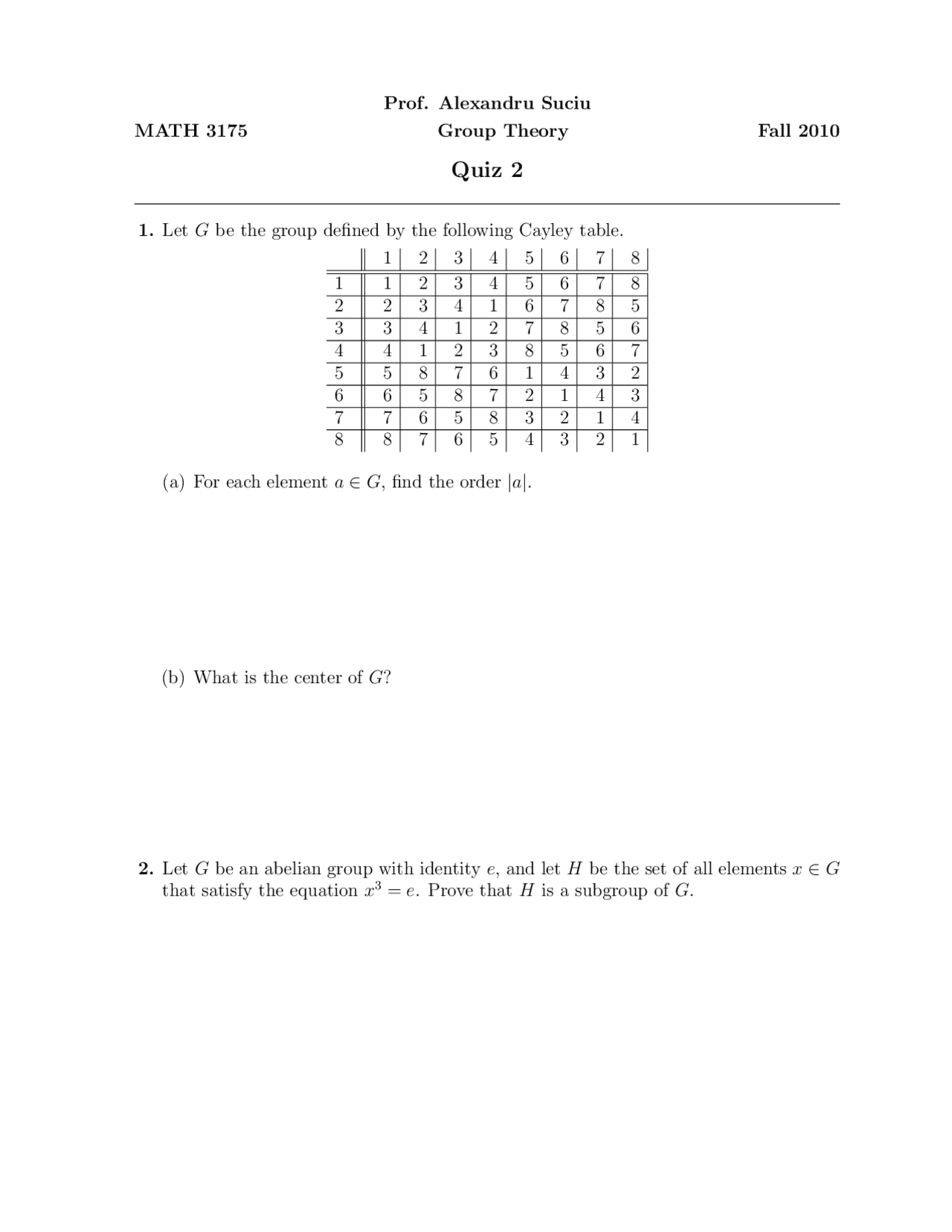 Quiz 2 With Solution For Group Theory Math 3175 Docsity