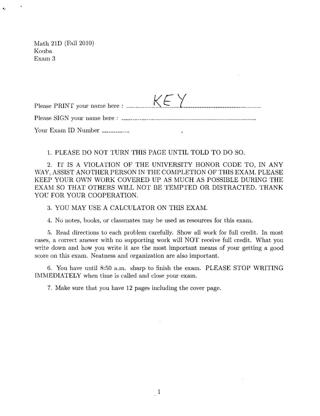 Exam 3 With Answers Vector Analysis Fall 2010 Mat 021d Docsity