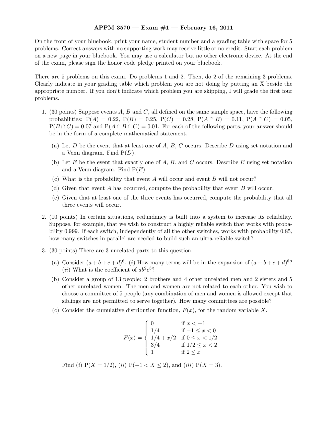 Exam 1 Practice Questions - Applied Probability | APPM 3570 - Docsity