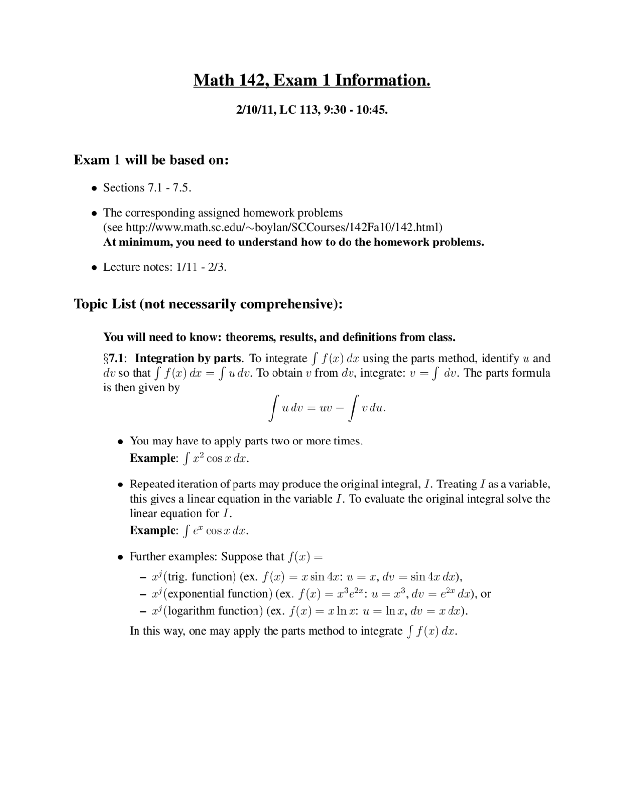 Review Sheet for Exam 1 - Calculus II | MATH 142 - Docsity
