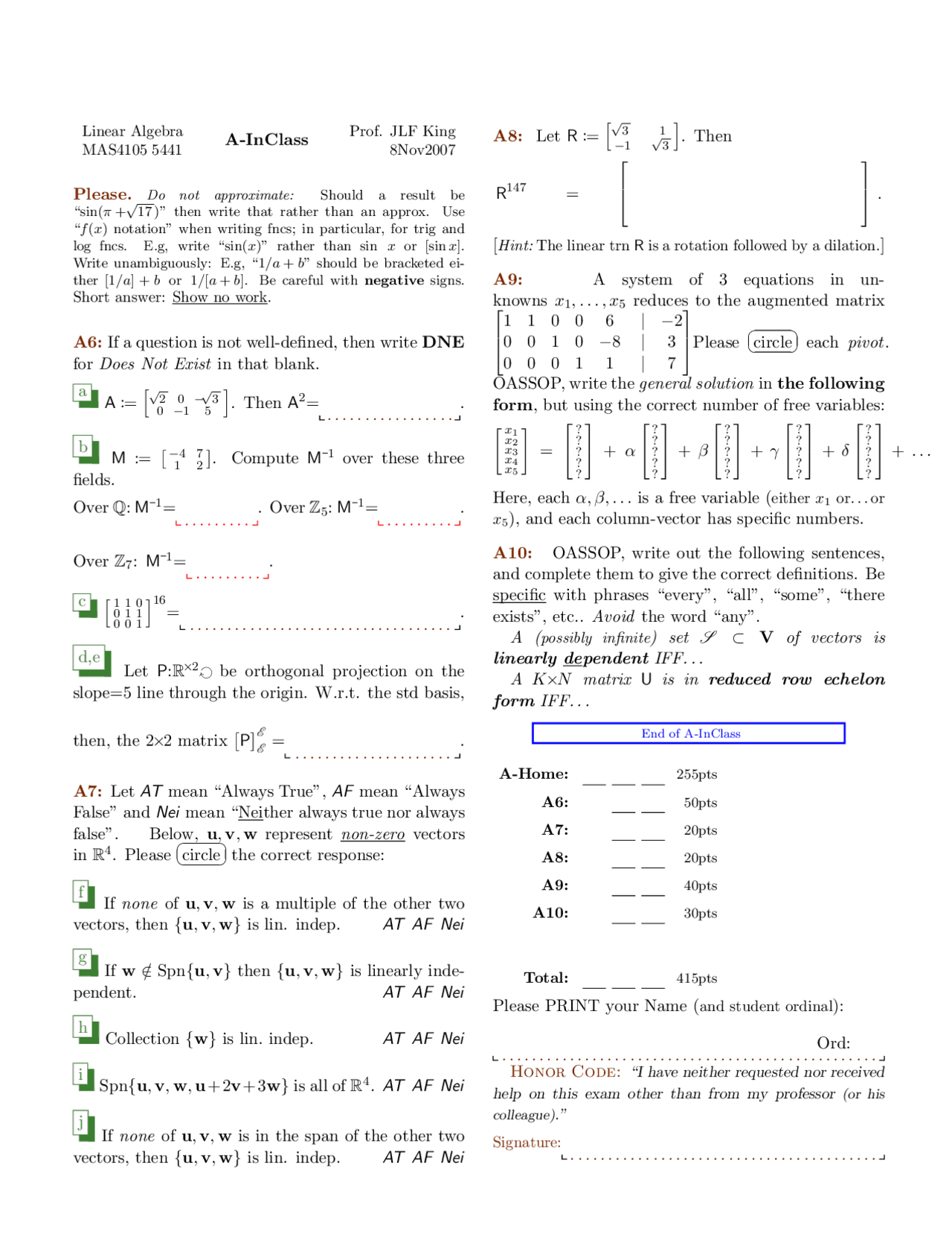 Midterm Exam With Answer Key Linear Algebra I Mas 4105 Docsity