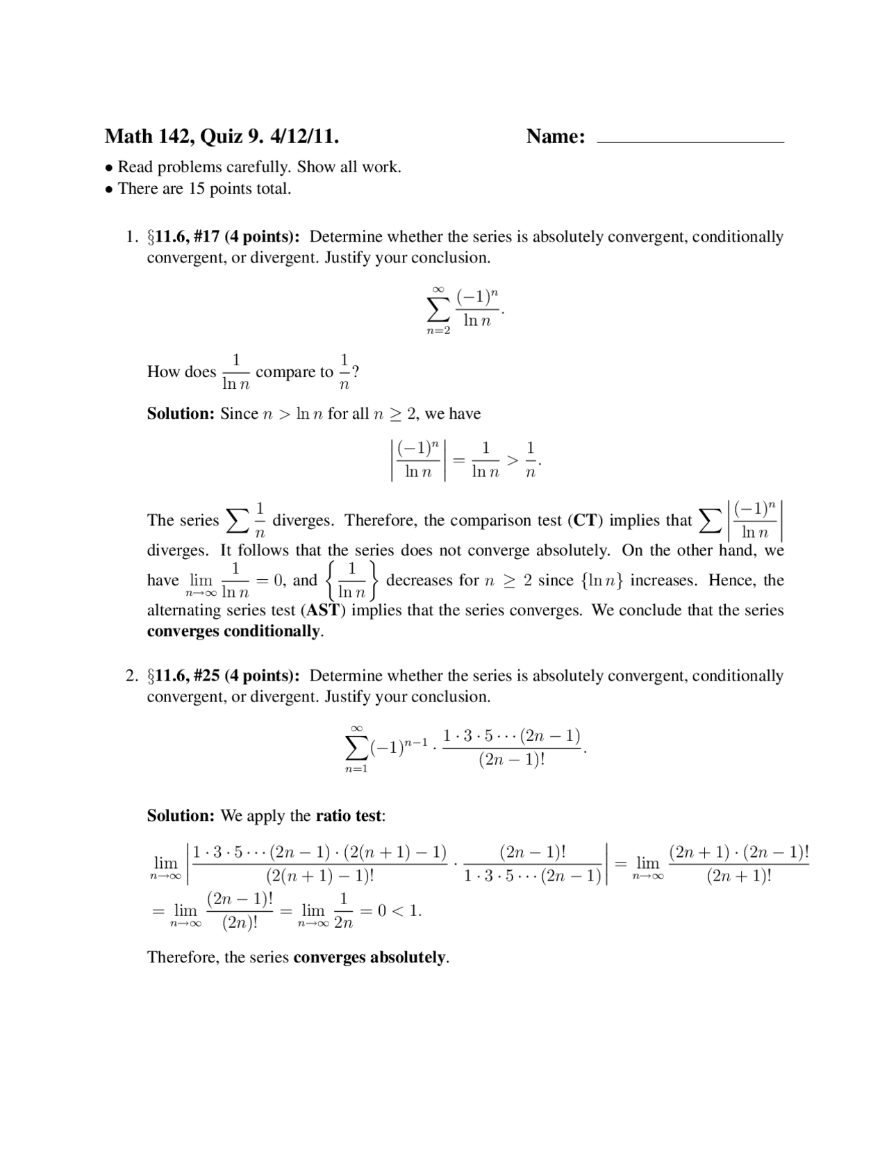 4 Problems On Calculus Ii Quiz 9 Solutions Math 142 Docsity