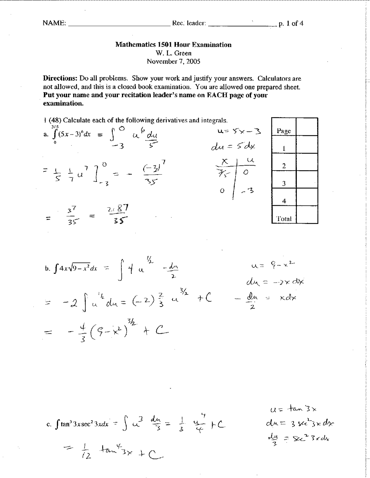 Solution of Hour Examination - Calculus I - 2005 | MATH 1501 - Docsity