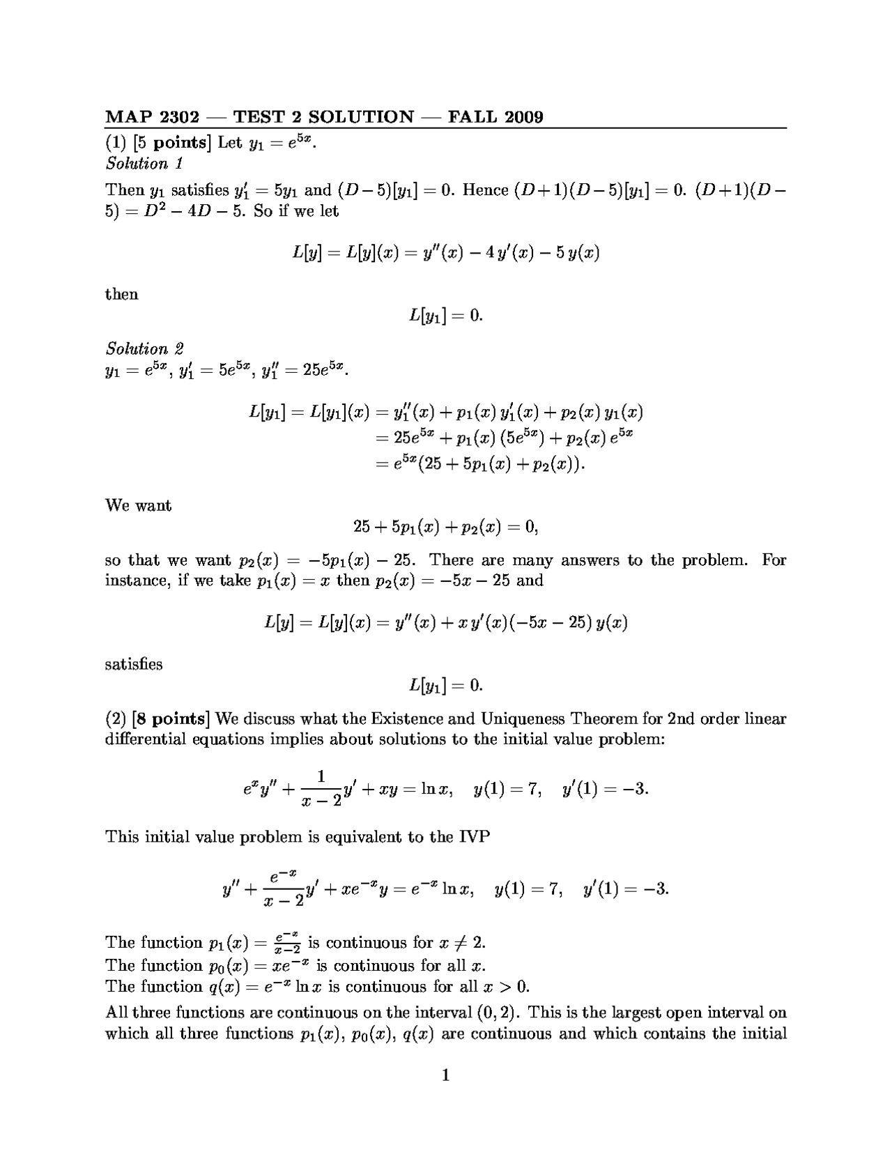 Exam 2 Solutions For Elementary Differential Equations Map 2302 Docsity