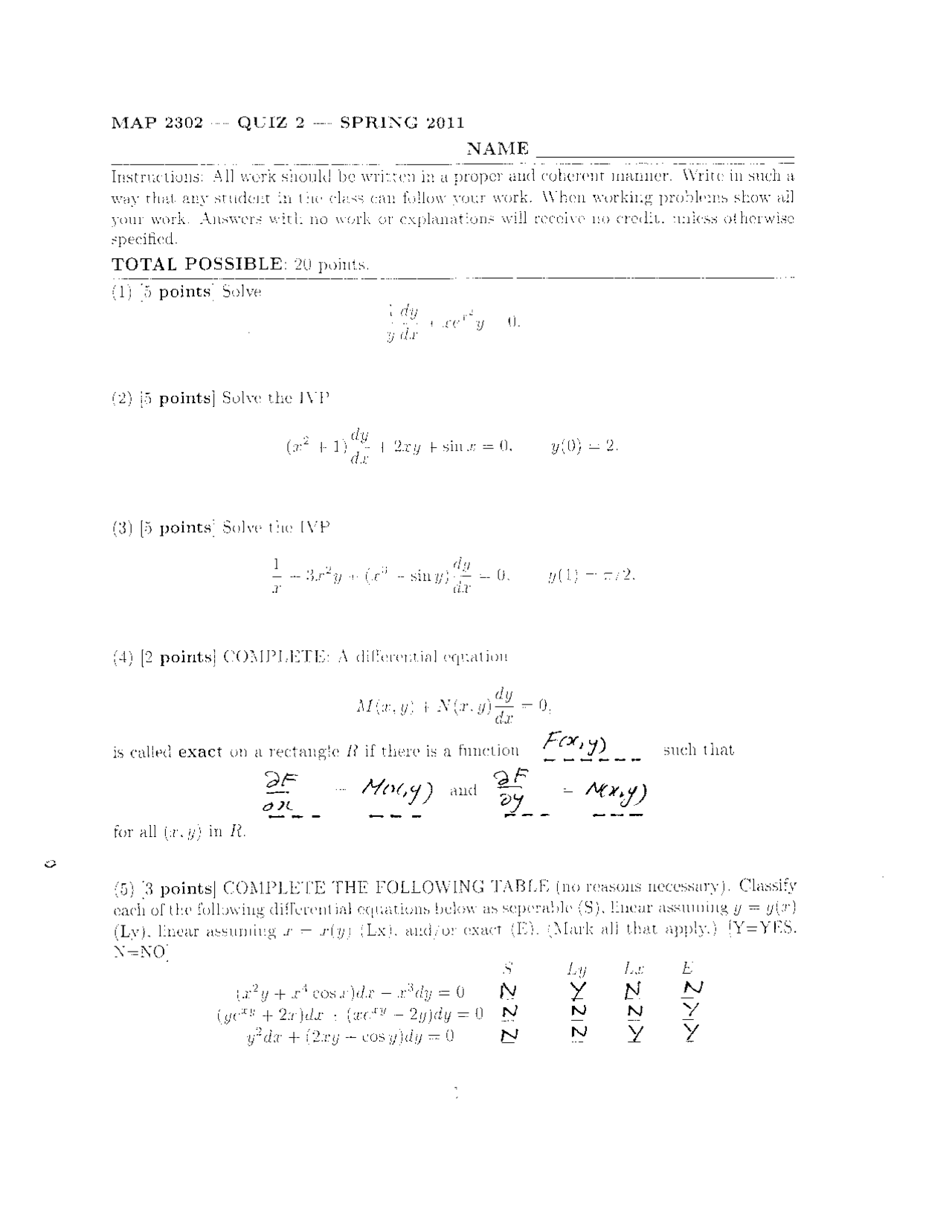 5 Problems with Answer for Quiz 2 - Differential Equation | MAP 2302 ...