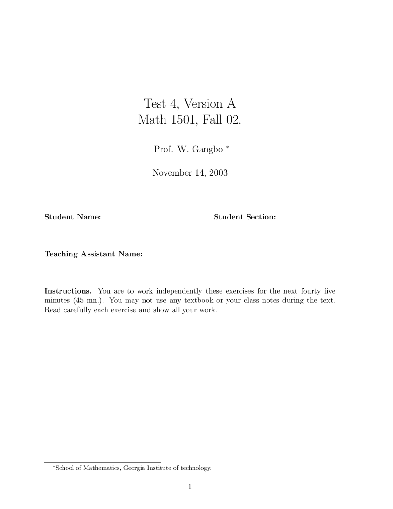 Test 4 Version A Calculus I Math 1501 Docsity