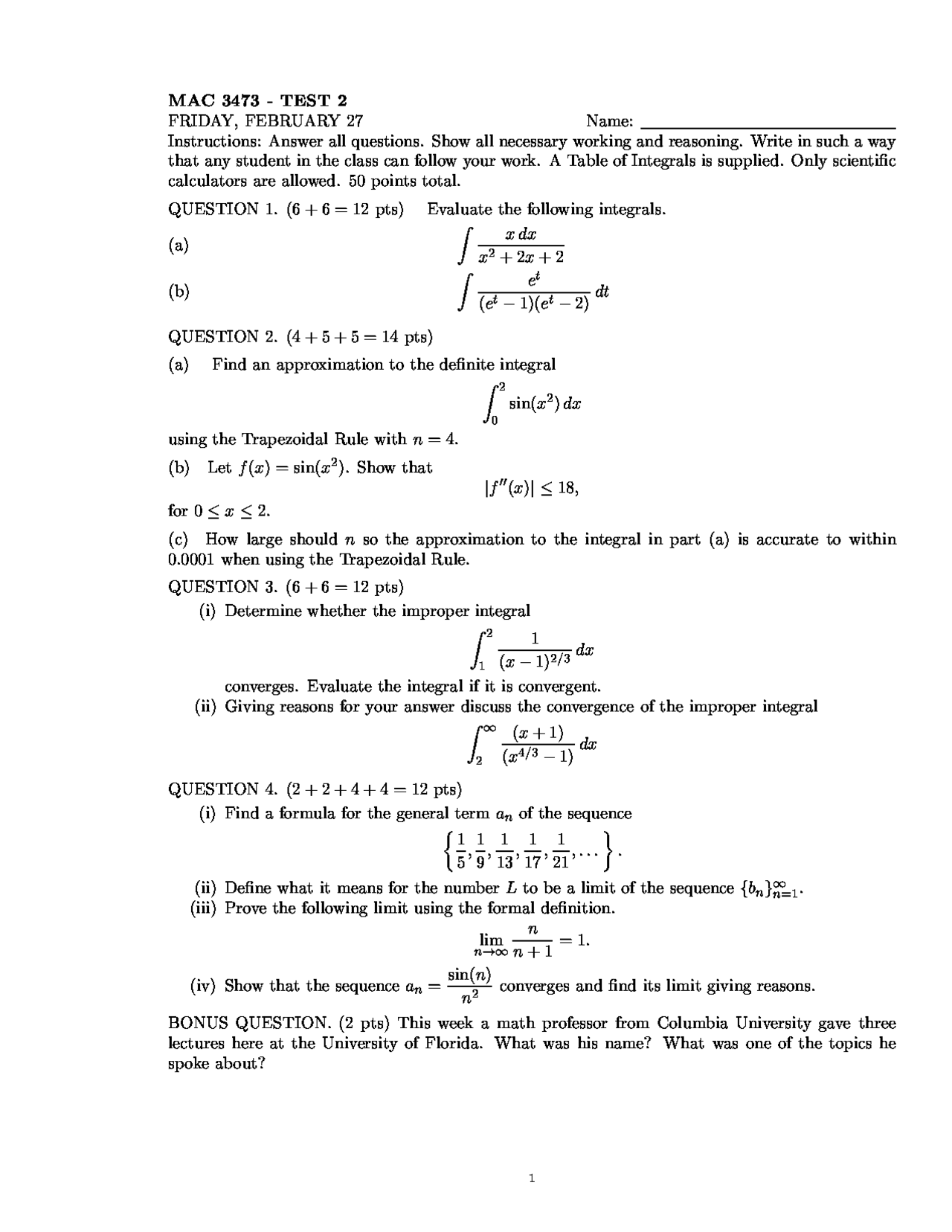 4 Questions Test 2 - Honors Calculus II | MAC 3473 | Exams Mathematics ...