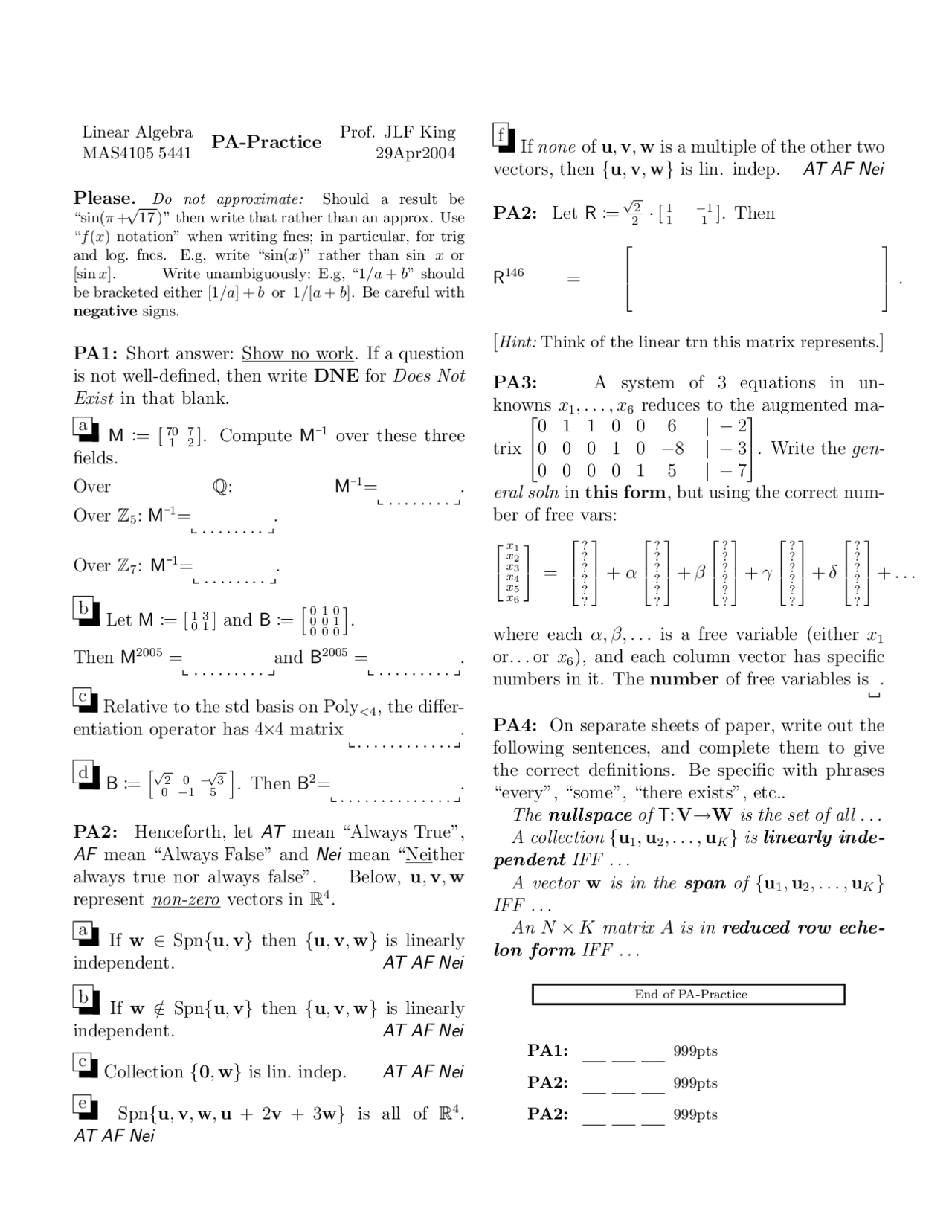 Midterm Exam Practice Linear Algebra I Mas 4105 Docsity