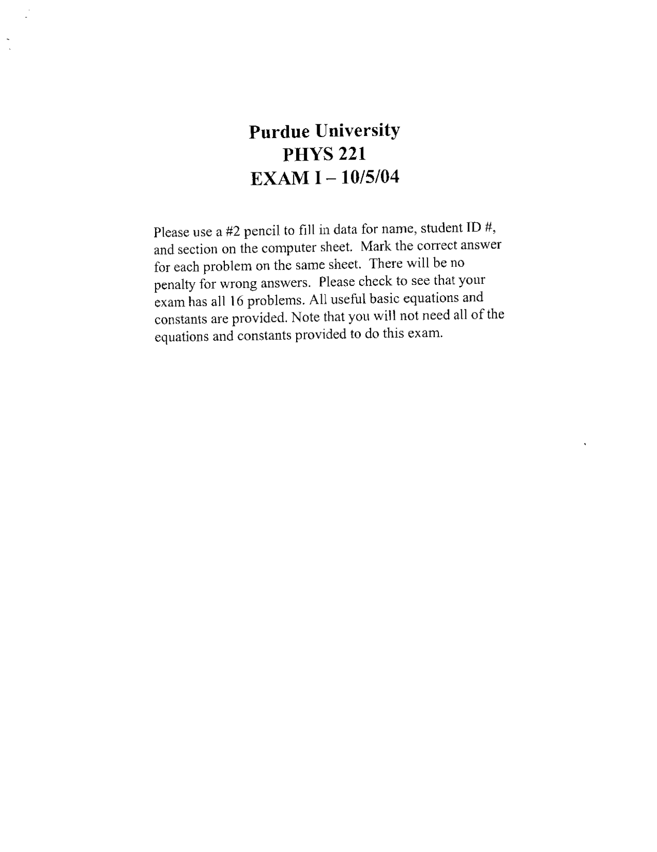 16 Questions On General Physics With Answer Key Exam 1 Phys 22100
