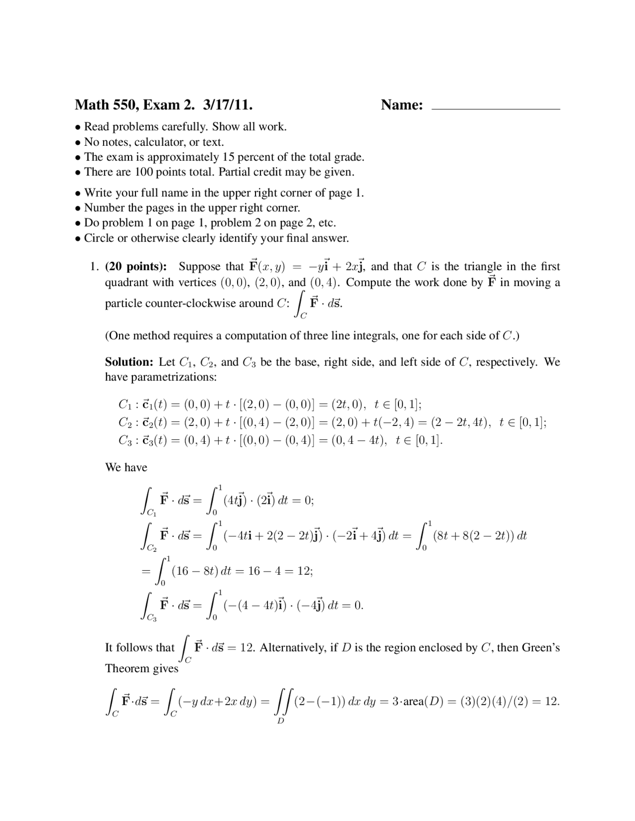 5 Solved Problems In Examination 2 On The Vector Analysis Math 550