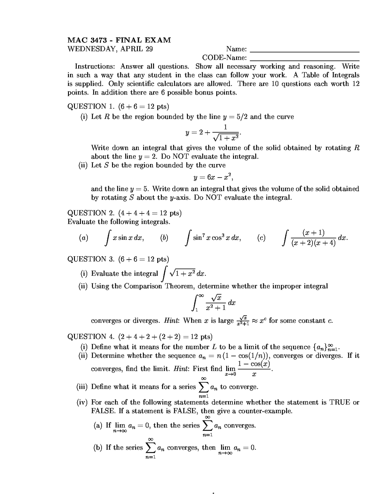 Final Examination - Honors Calculus 2 | MAC 3473 | Exams Mathematics ...