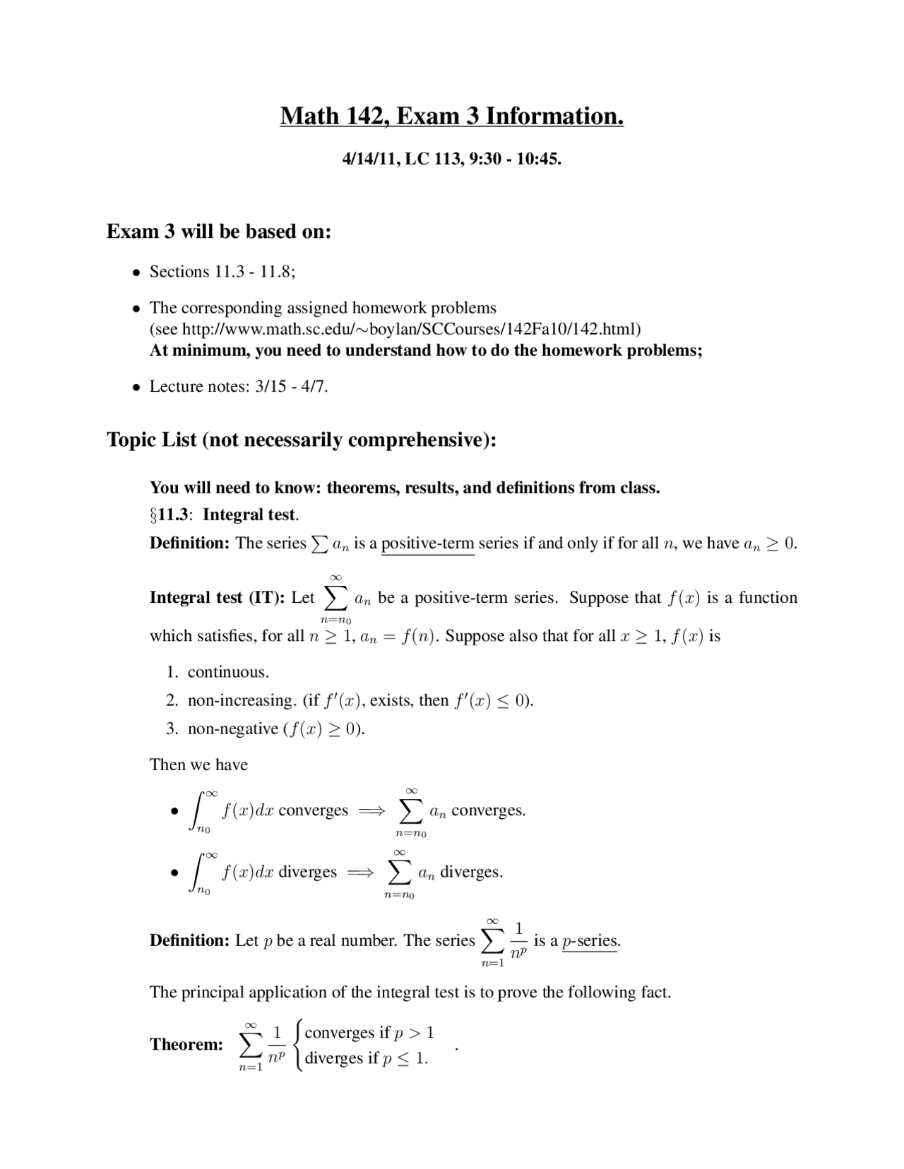 Examination 3 with Useful Information - Calculus II | MATH 142 - Docsity