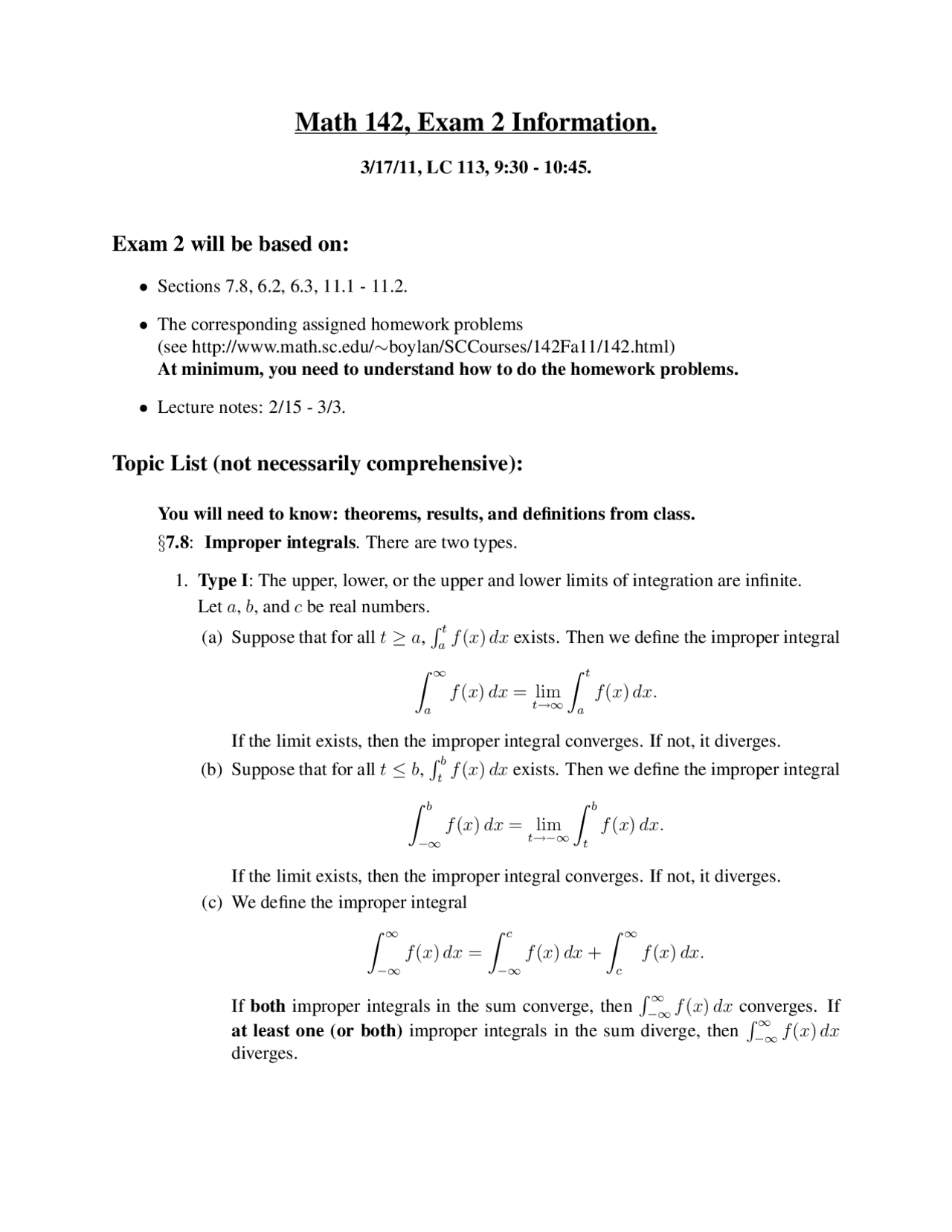 Exam 2 Information Calculus Ii Math 142 Docsity