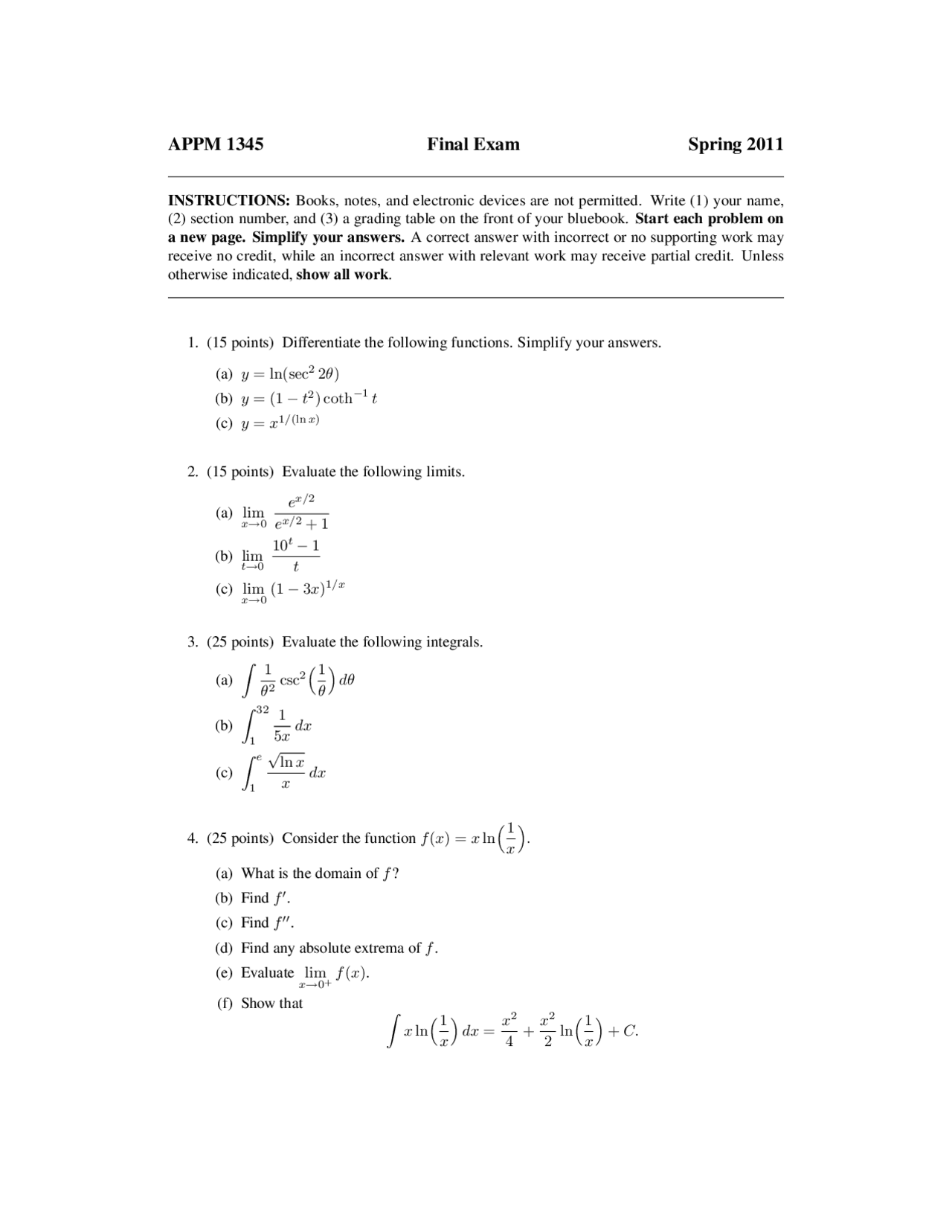 Calculus 1 With Algebra Part B Final Test With Answers Appm 1345