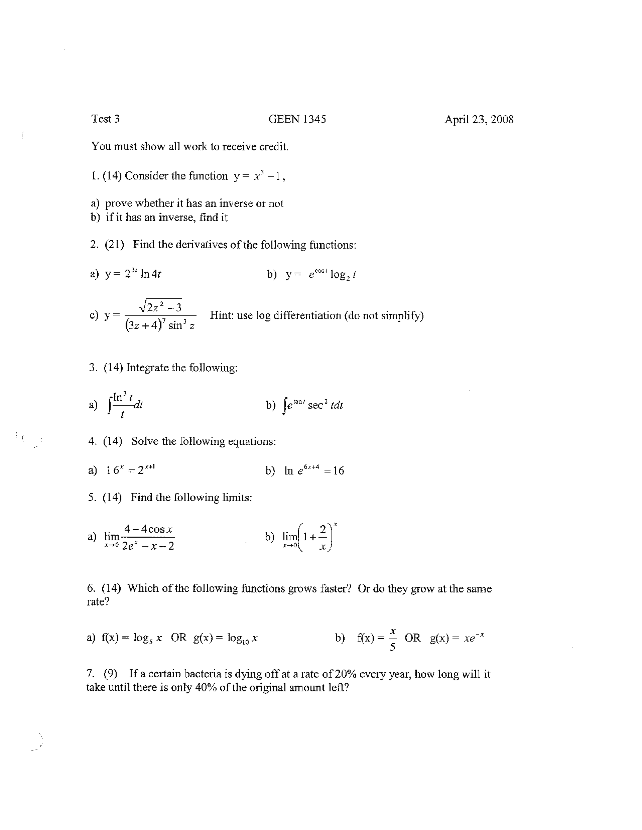 Test Solutions For Calculus 1 With Algebra Part B Appm 1345 Docsity