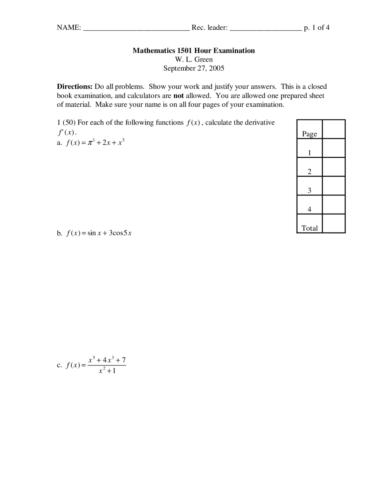 4 Questions On Calculus I Exam 2 Math 1501 Docsity
