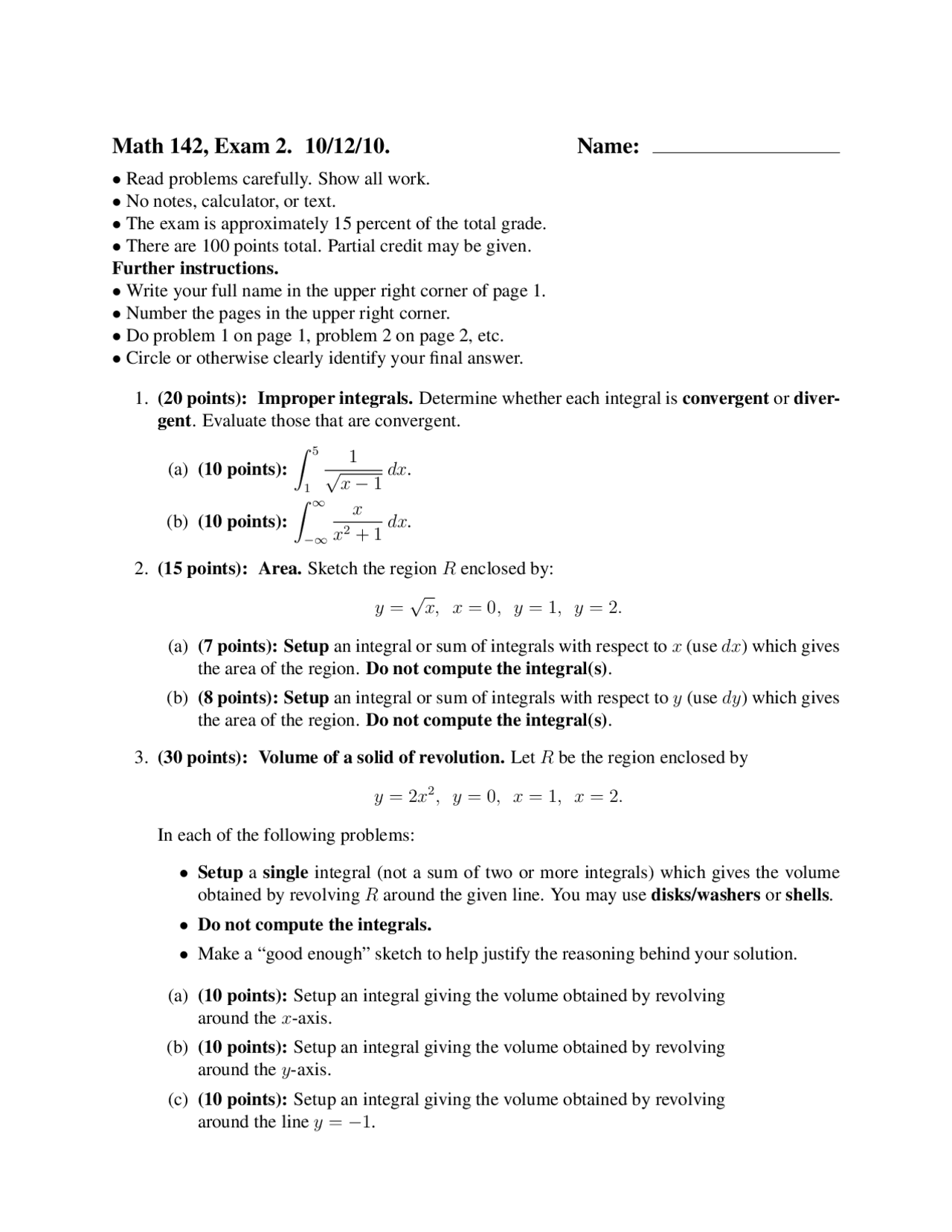 5 Questions On Calculus Ii Practice Exam 2 Math 142 Docsity