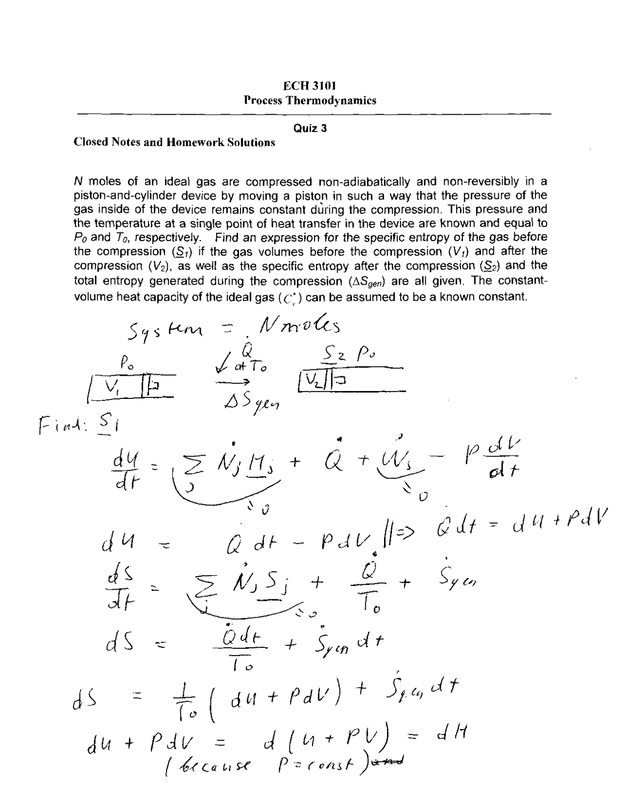 Process Thermodynamic Quiz 3 With Answers Ech 3101 Docsity