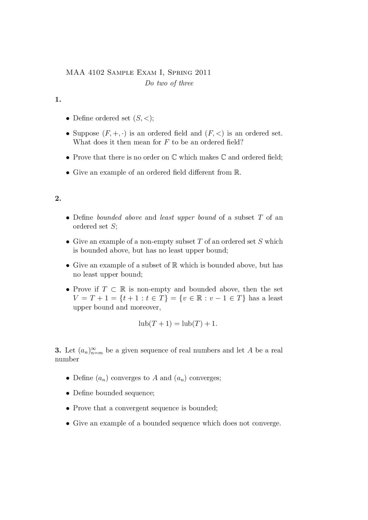 3 Questions on Introduction to Advanced Calculus - Exam 1 | MAA 4102 | Exams Mathematics | Docsity