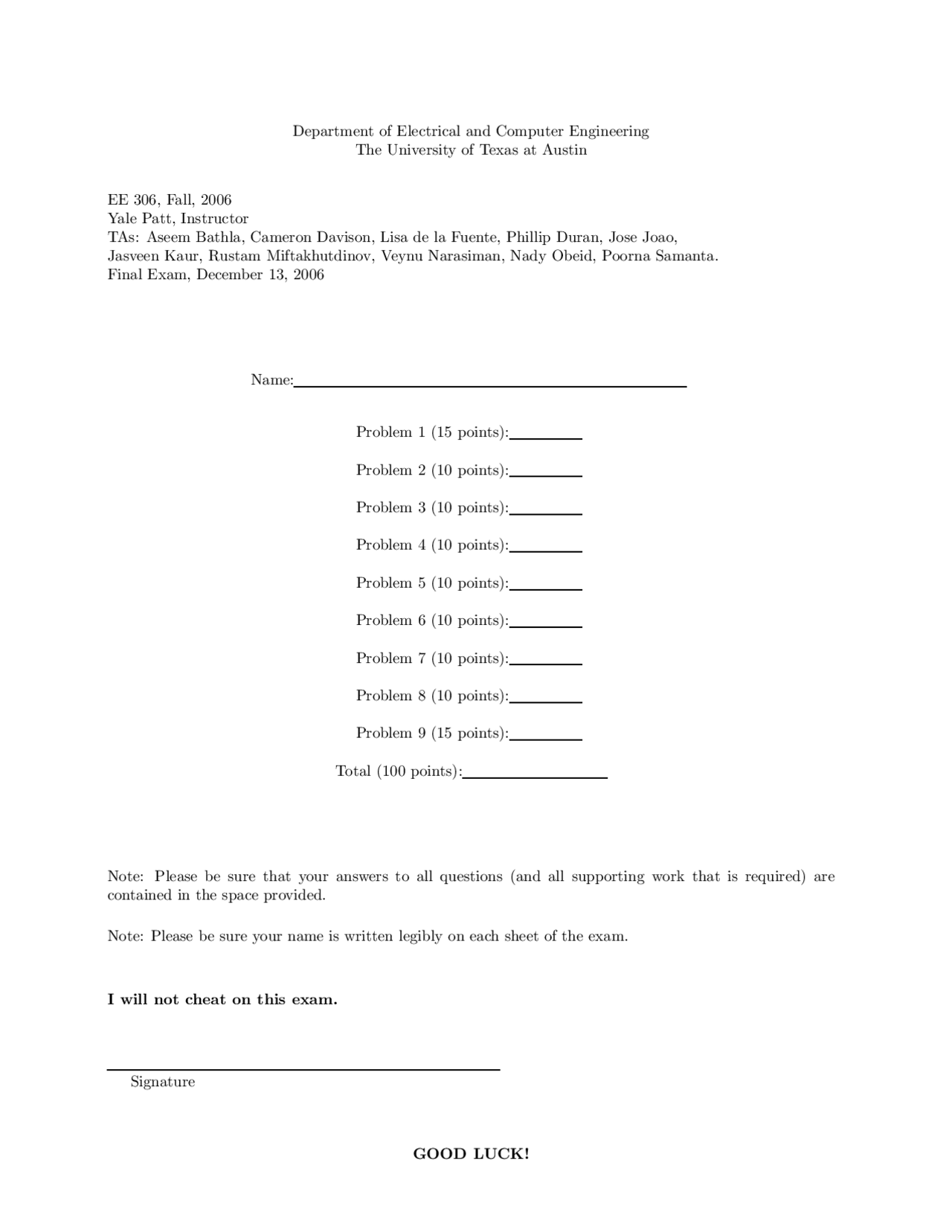 Introduction To Computing Systems Final Exam 2006 E E 306 Docsity